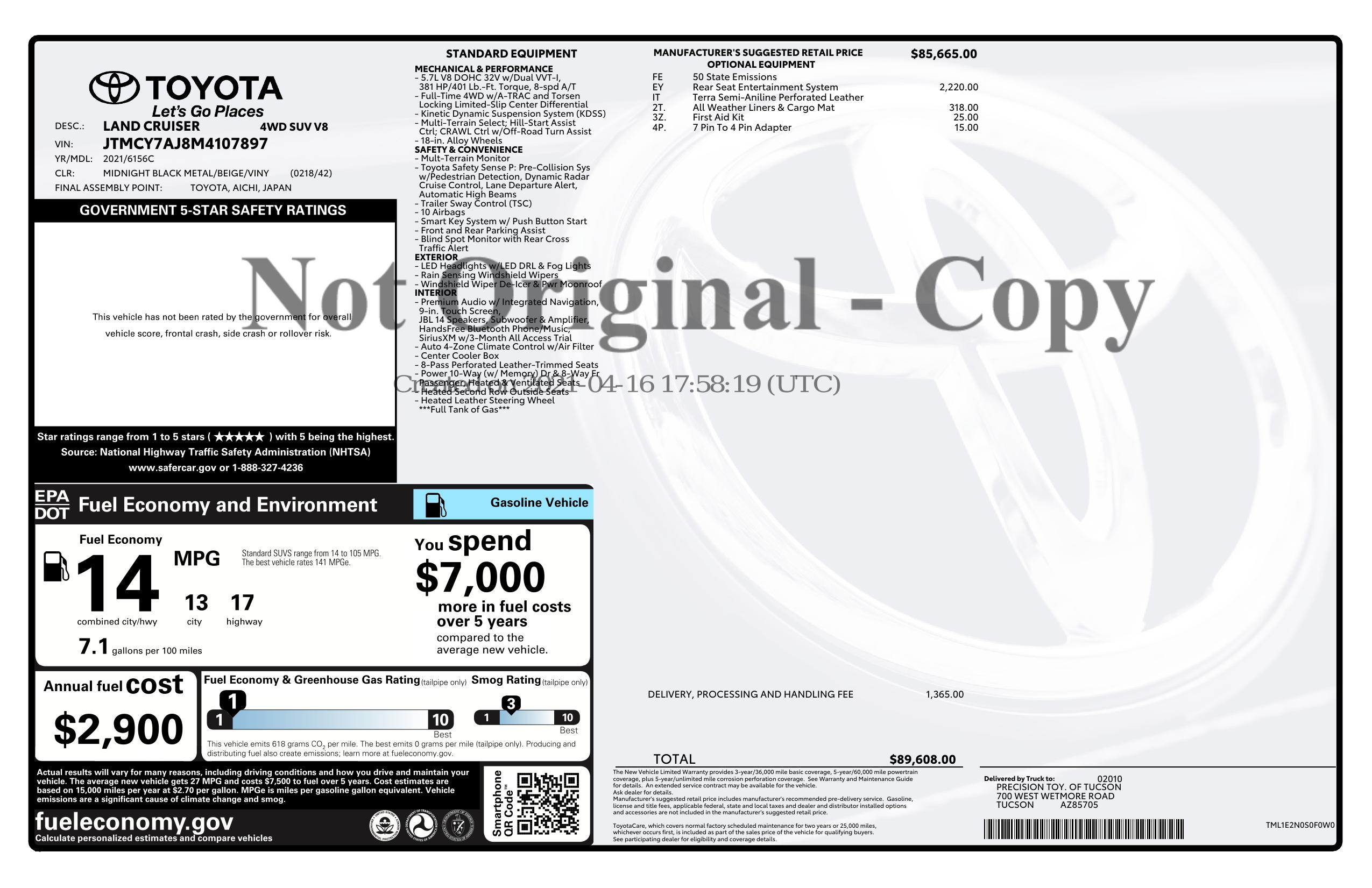 Window Sticker for 2021 Toyota Land Cruiser 4 Wd (Natl)