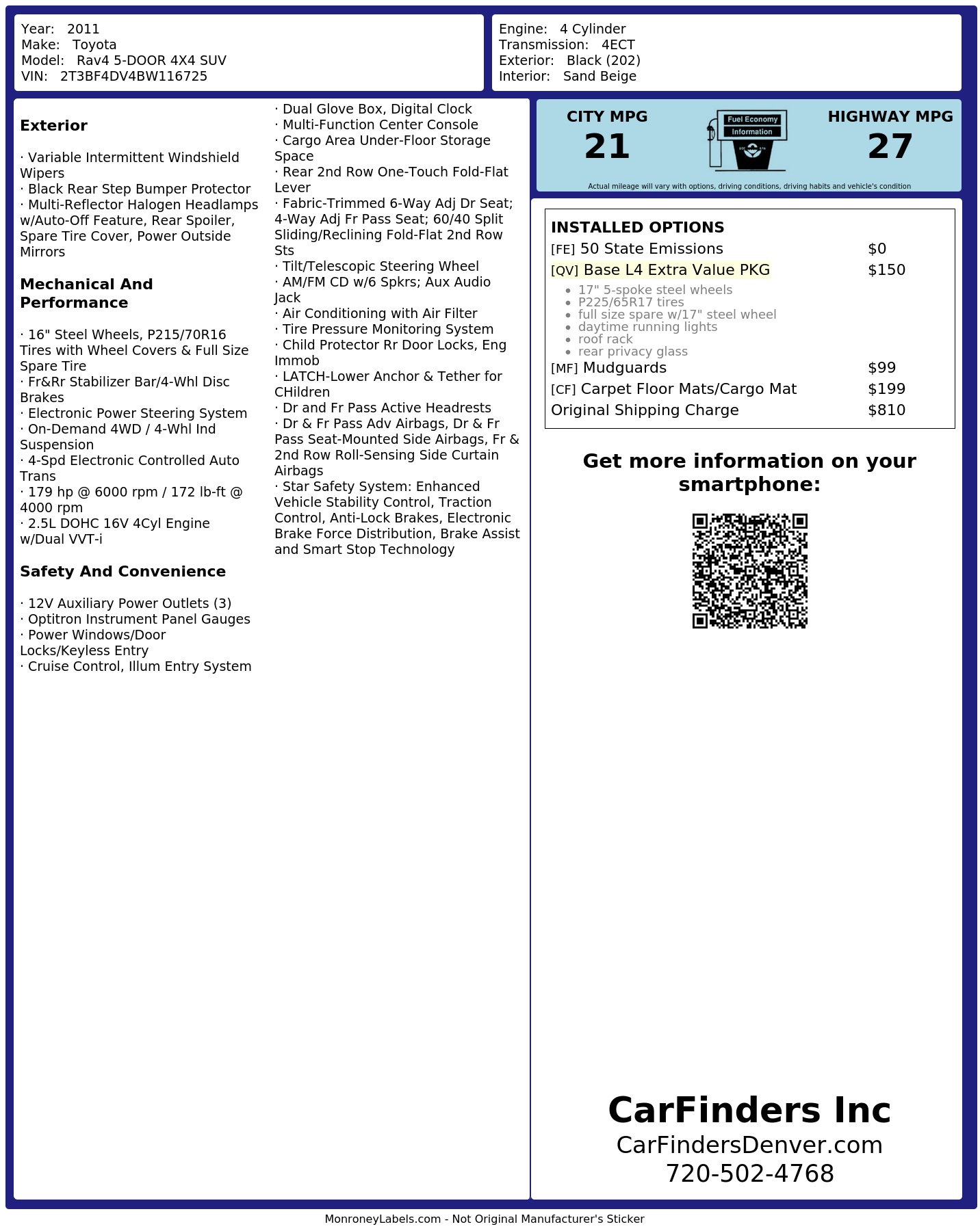 Window Sticker for 2011 Toyota Rav4 5 Door 4 X4 Suv