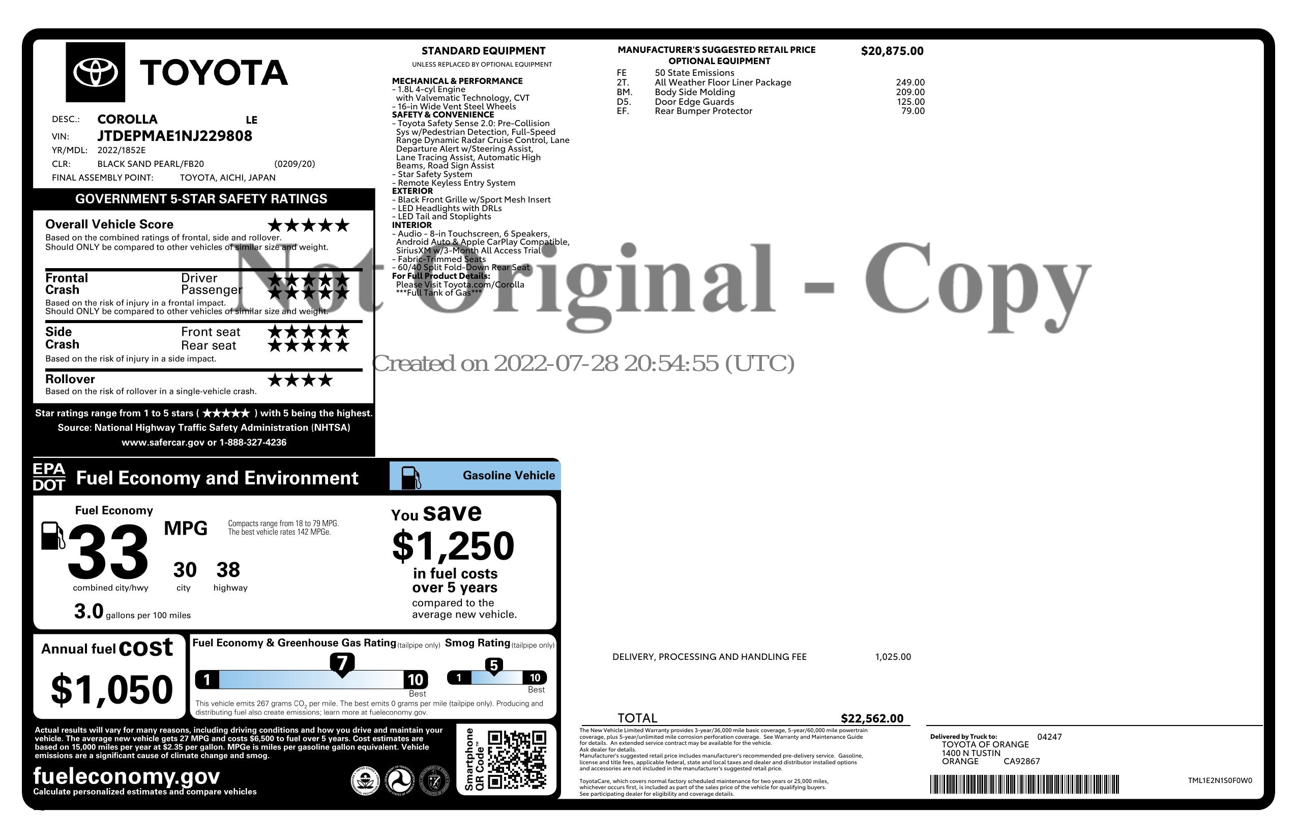 Window Sticker for 2022 Toyota Corolla Le Cvt (Natl)