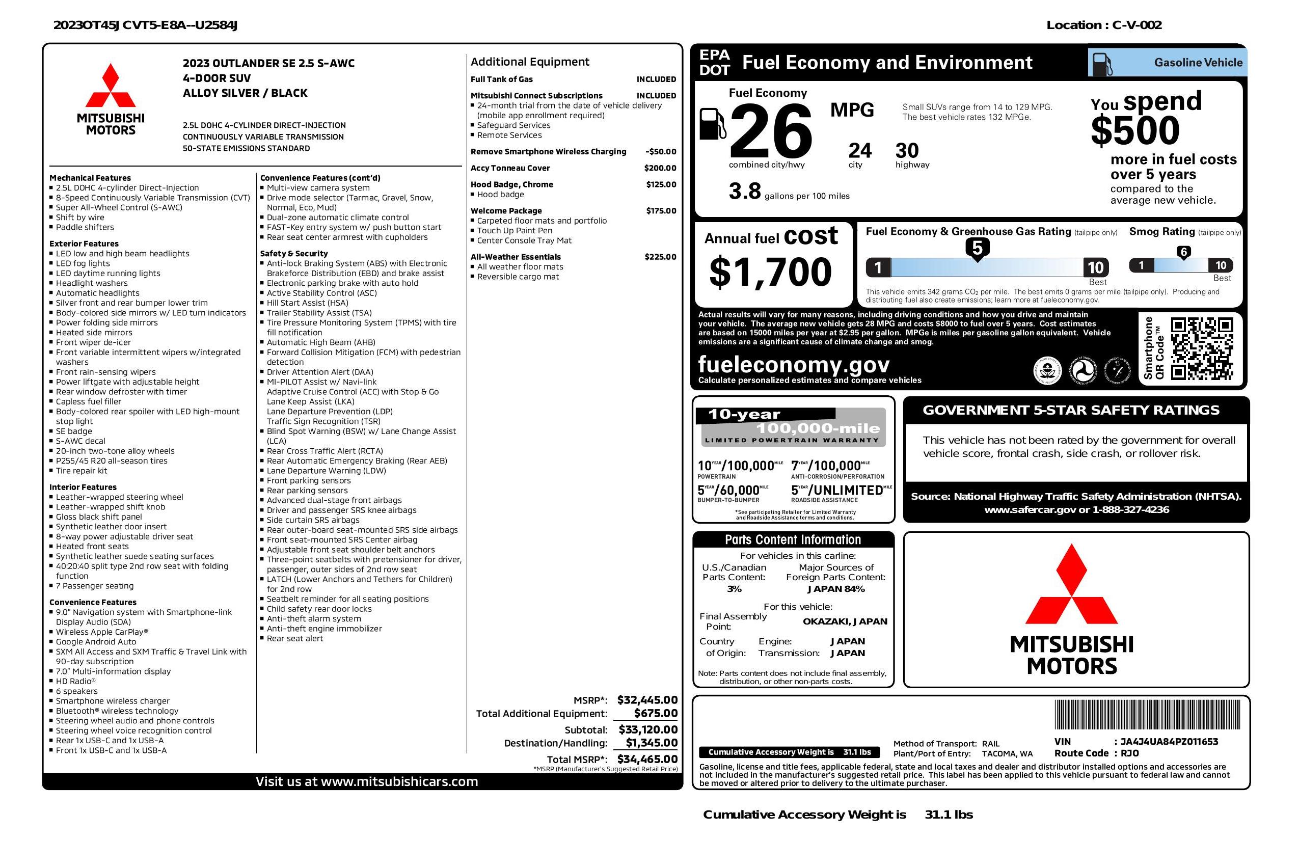 Window Sticker for 2023 Mitsubishi Outlander S Awc