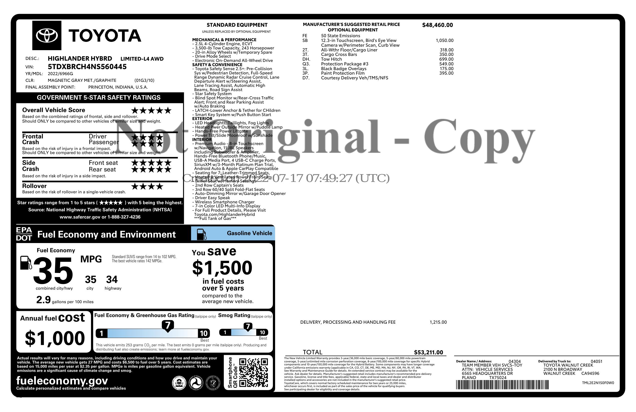 Window Sticker for 2022 Toyota Highlander Hybrid Limited Awd (Natl)