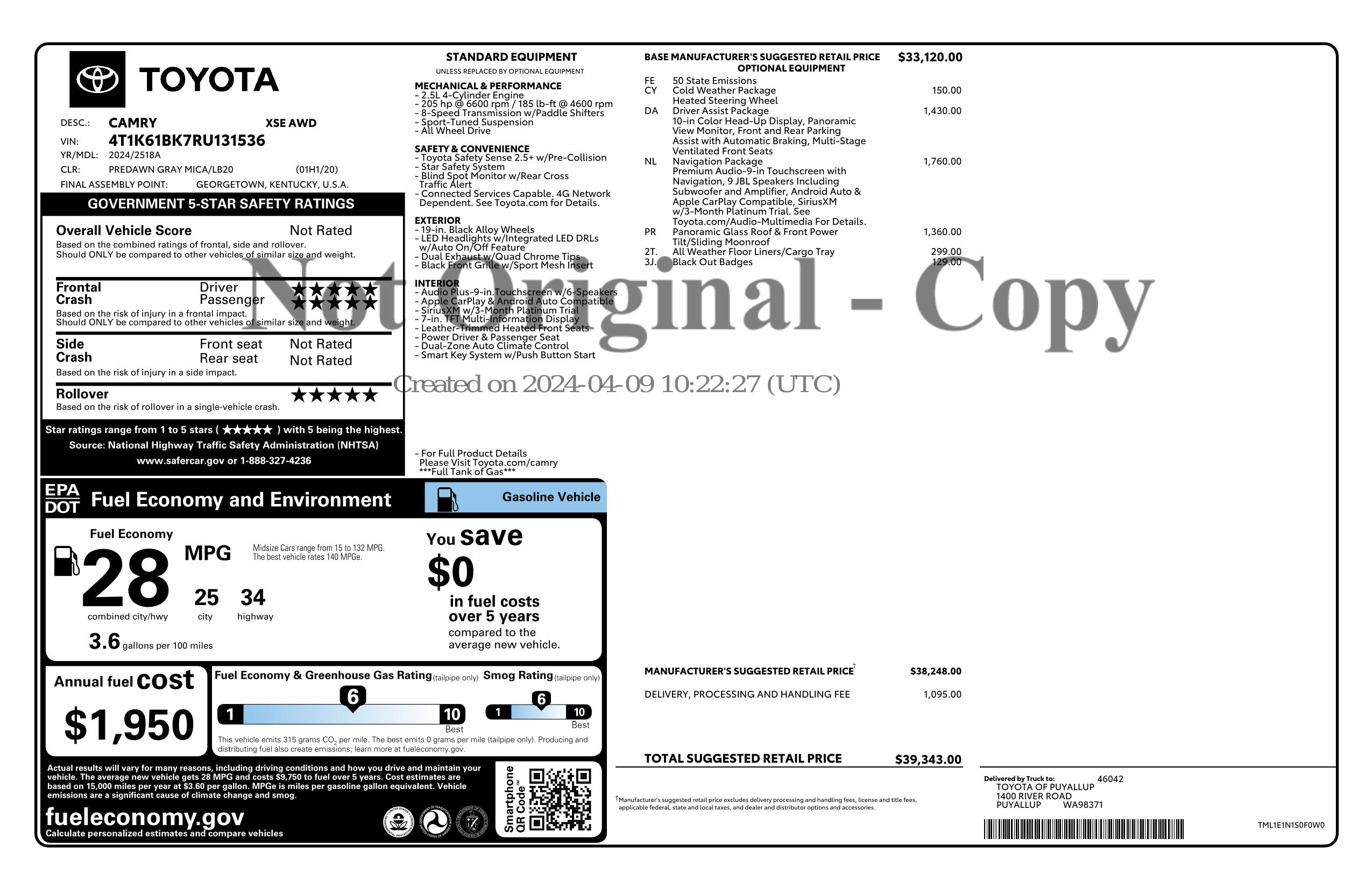 Window Sticker for 2024 Toyota Camry Xse Auto Awd (Natl)