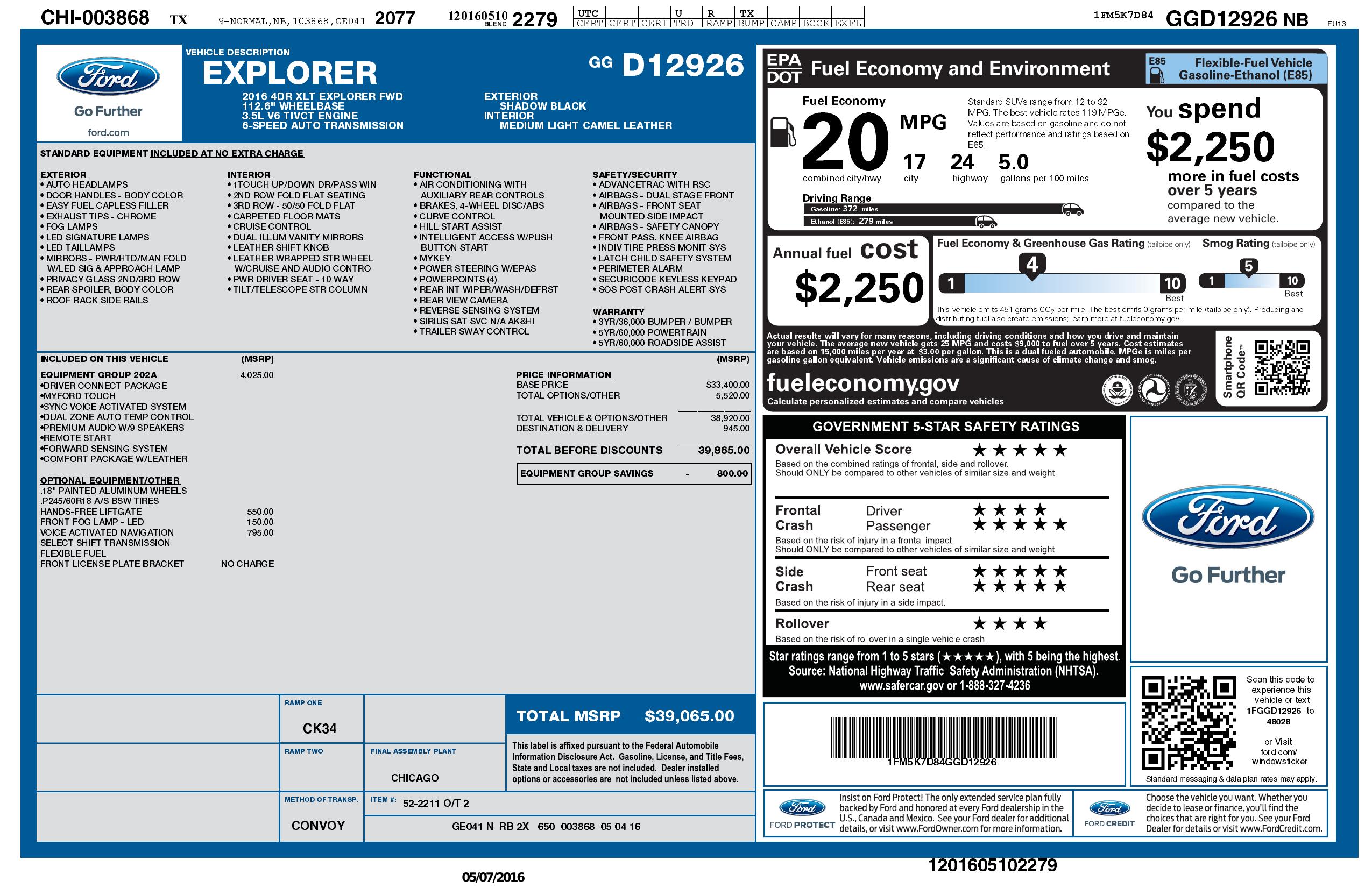 Window Sticker for 2016 Ford Explorer Fwd 4dr Xlt