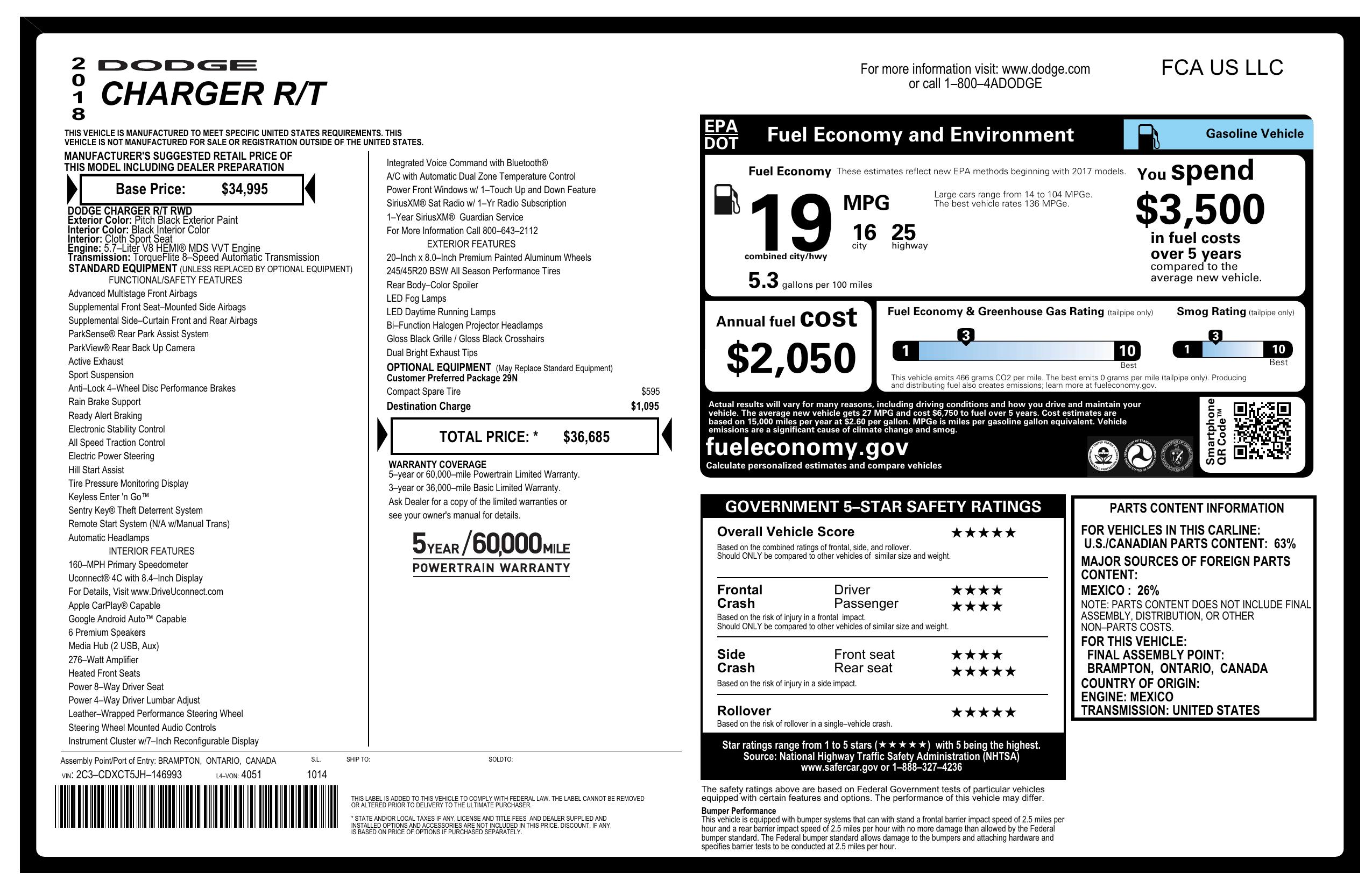 Window Sticker for 2018 Dodge Charger R/T Rwd