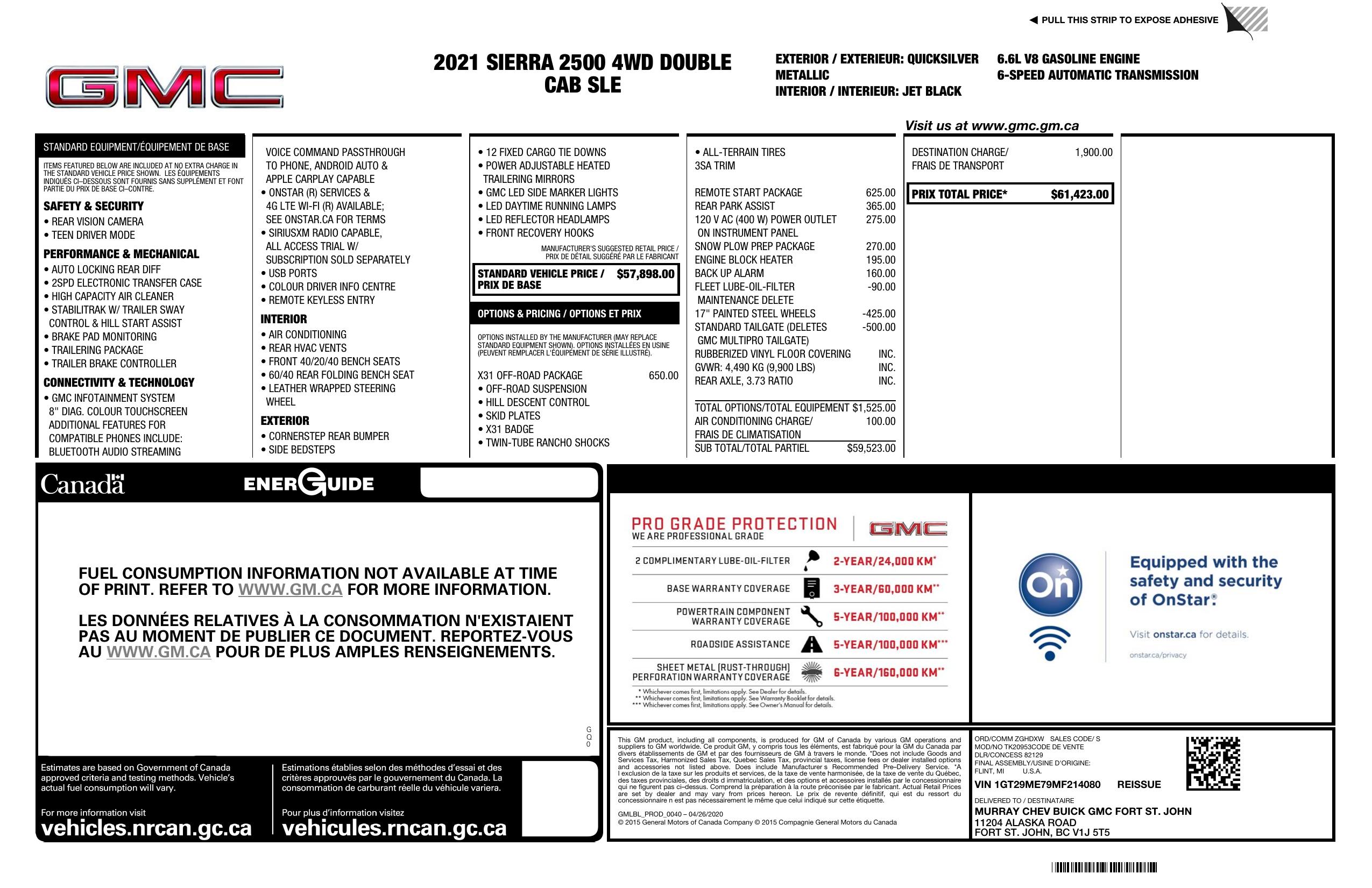 Window Sticker for 2021 GMC Sierra 2500 Hd 4 Wd Double Cab Sle