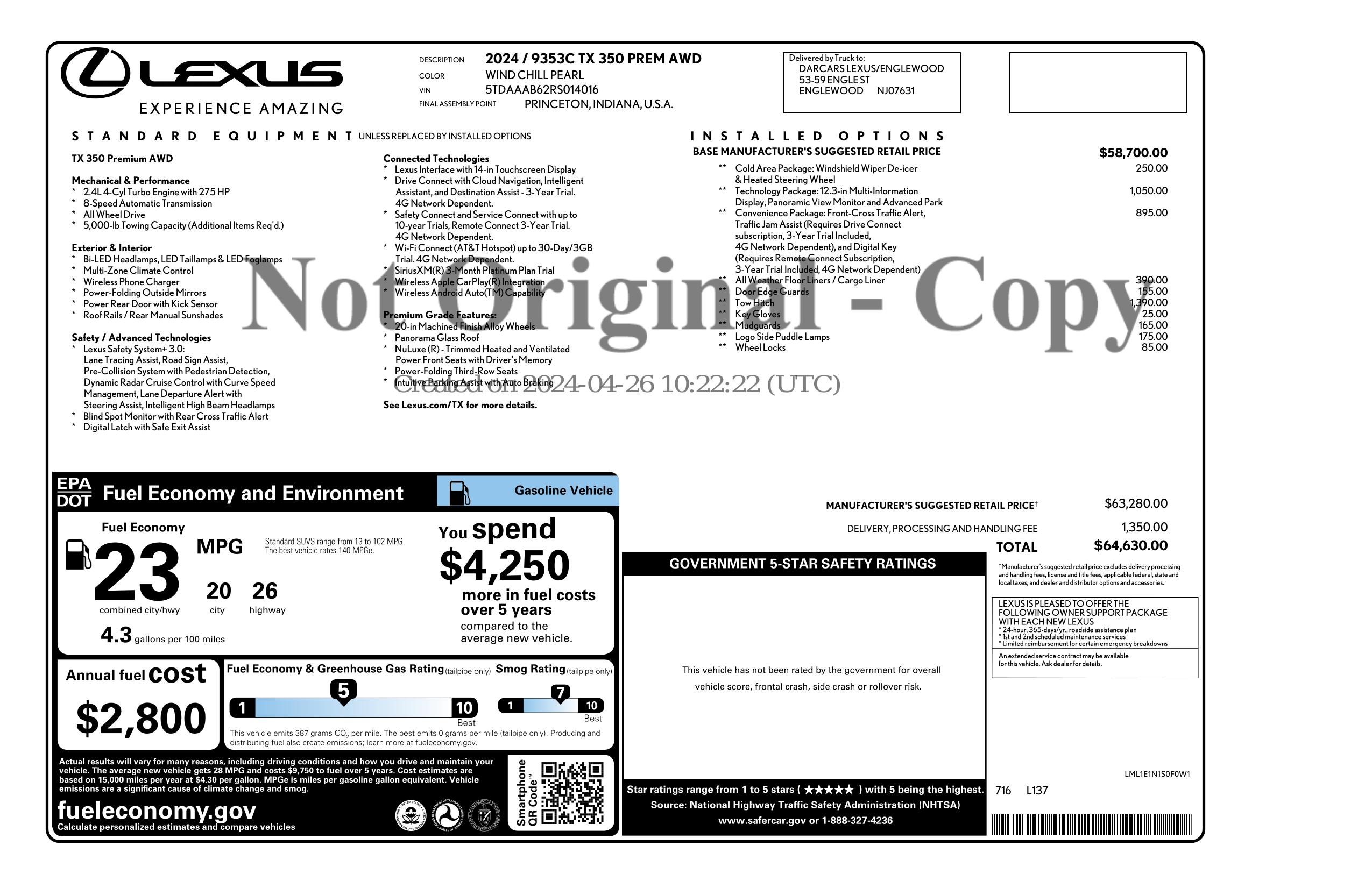 Window Sticker for 2024 Lexus Tx 350 Awd