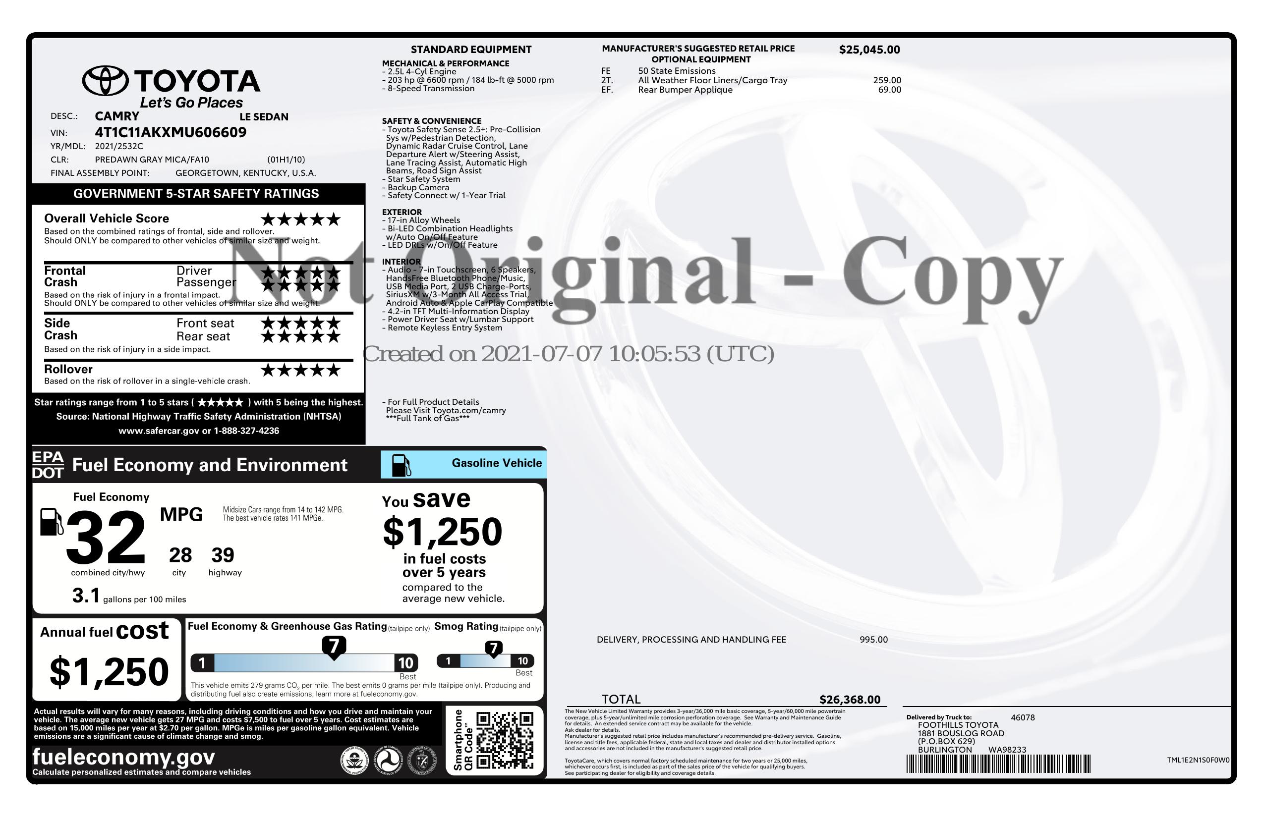 Window Sticker for 2021 Toyota Camry Le Auto (Natl)