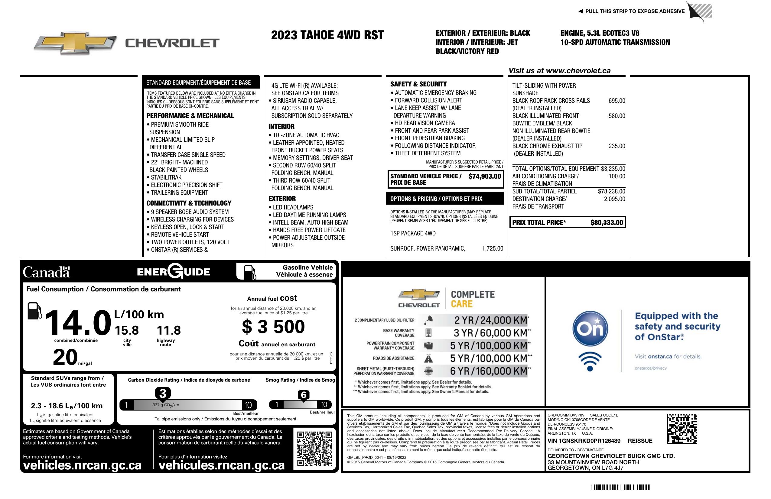 Window Sticker for 2023 Chevrolet Tahoe 4 Wd 4dr Rst