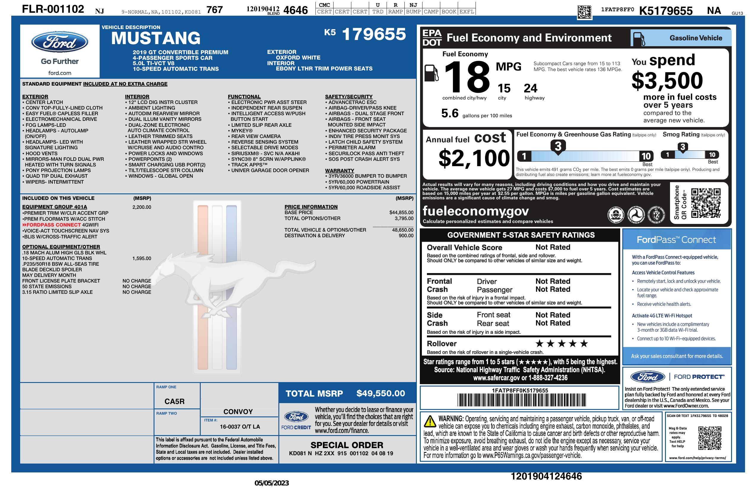Window Sticker for 2019 Ford Mustang Gt Premium Convertible
