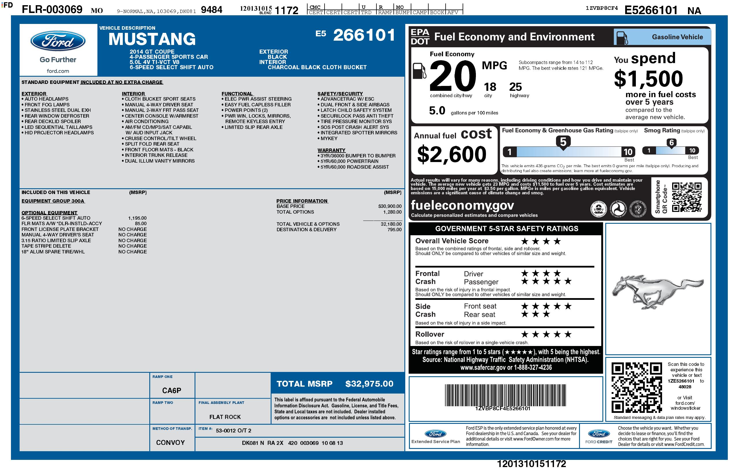 Window Sticker for 2014 Ford Mustang 2dr Cpe Gt