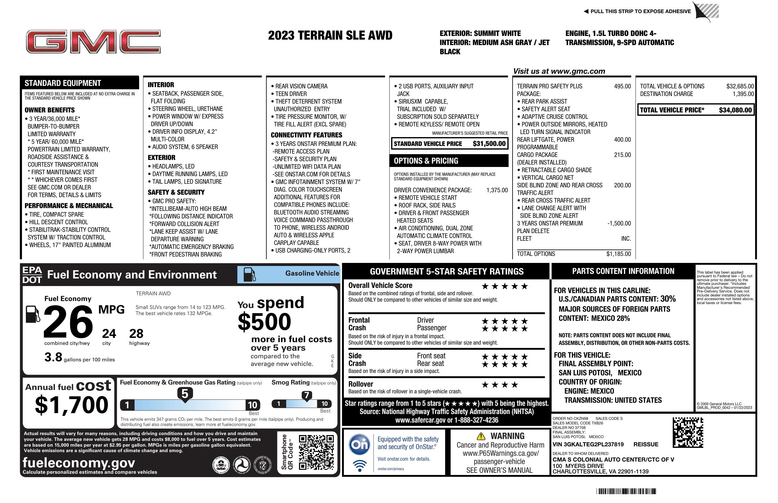 Window Sticker for 2023 GMC Terrain Awd 4dr Sle