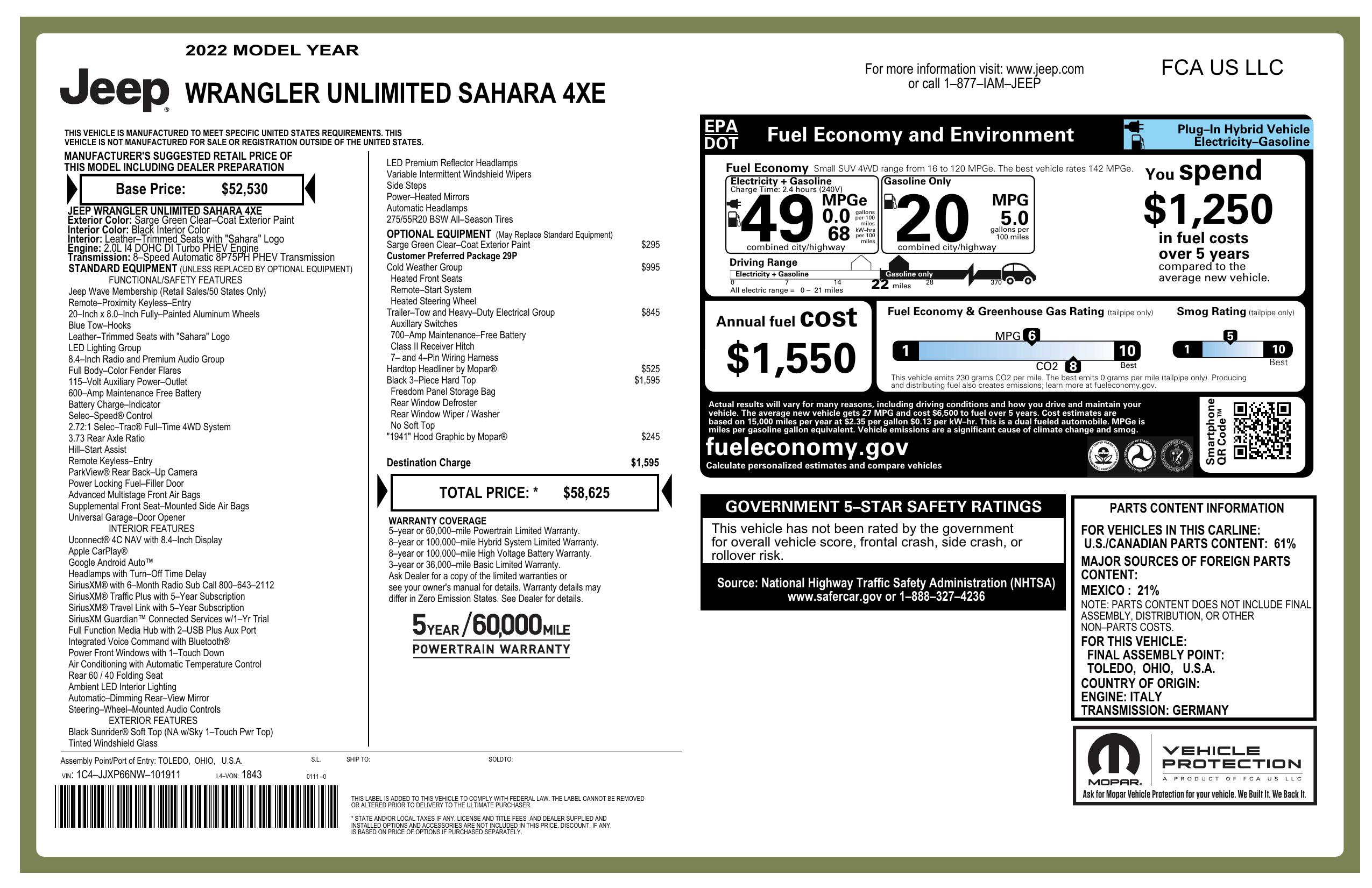 Window Sticker for 2022 Jeep Wrangler 4xe Unlimited Sahara 4x4