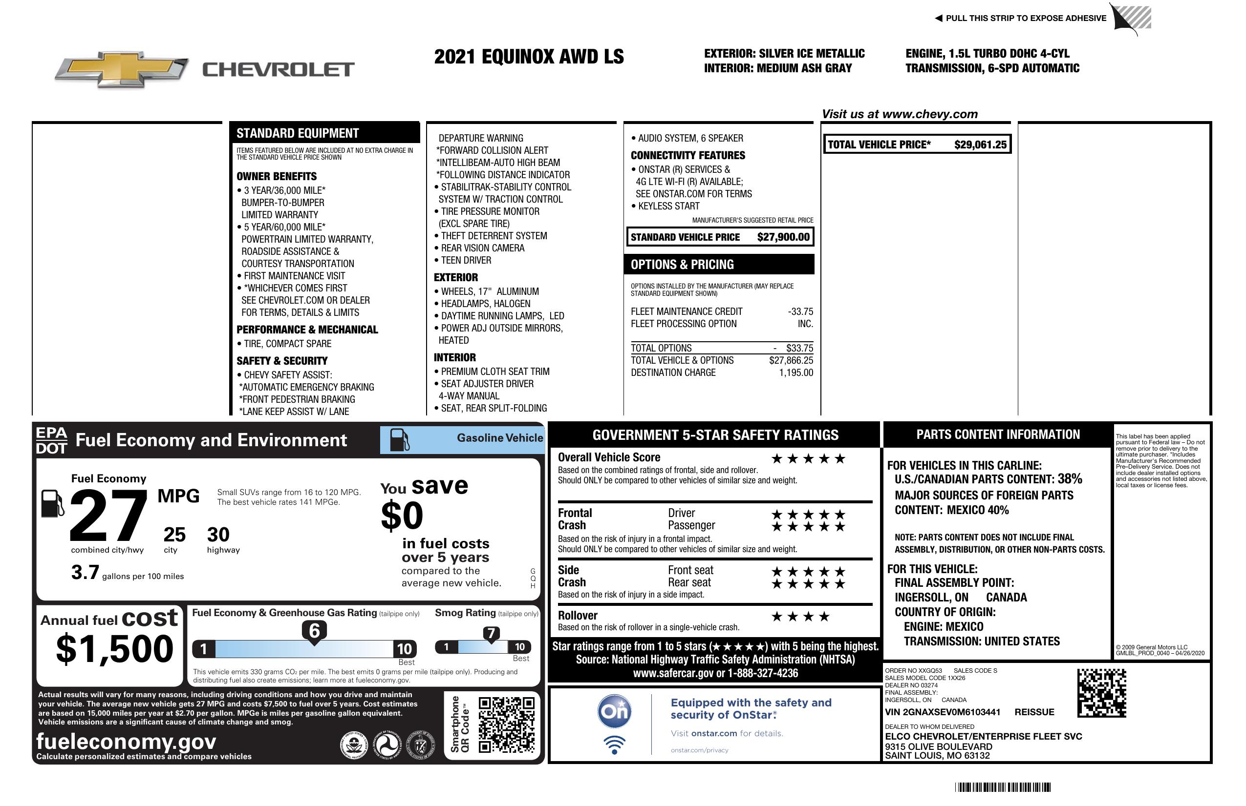 Window Sticker for 2021 Chevrolet Equinox Awd 4dr Ls W/1 Ls
