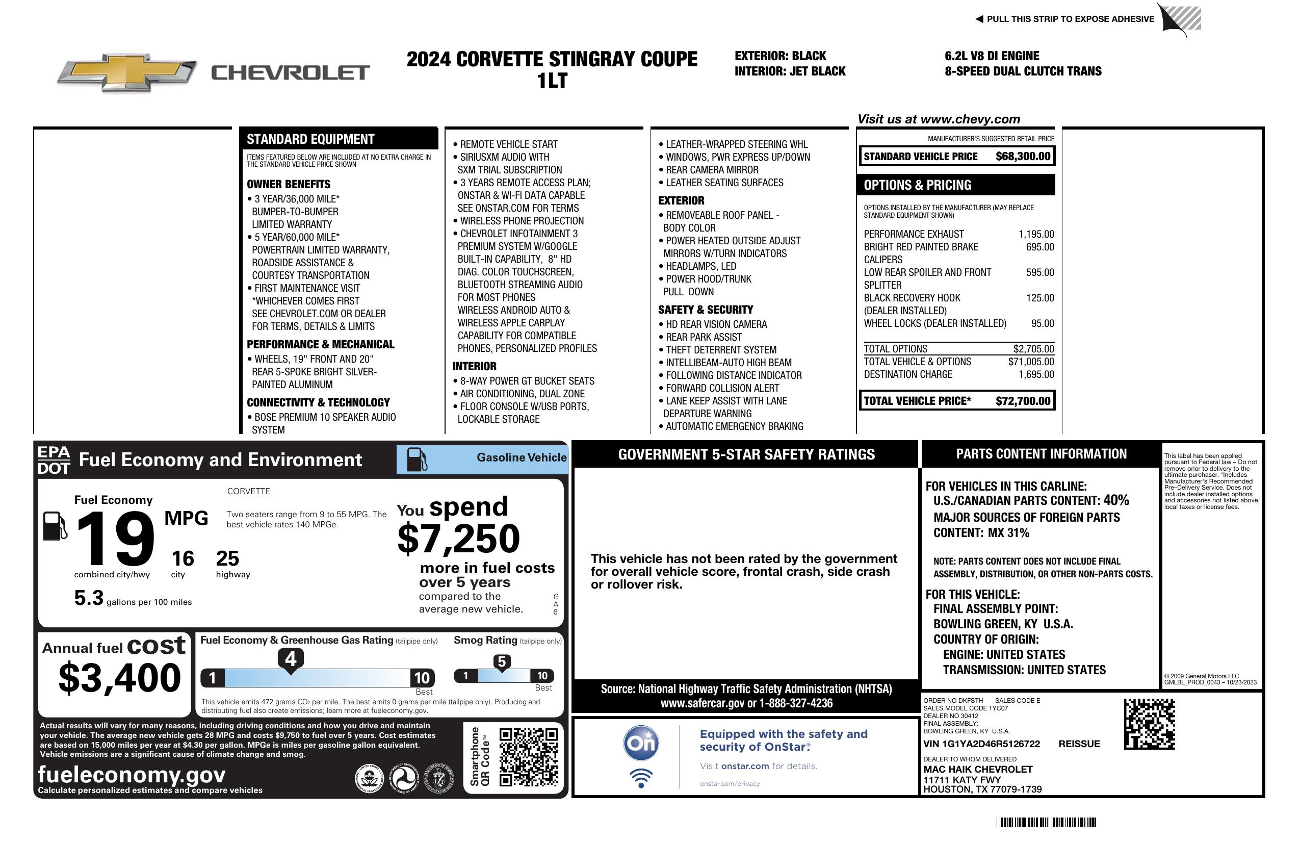 Window Sticker for 2024 Chevrolet Corvette 2dr Stingray Cpe W/1 Lt