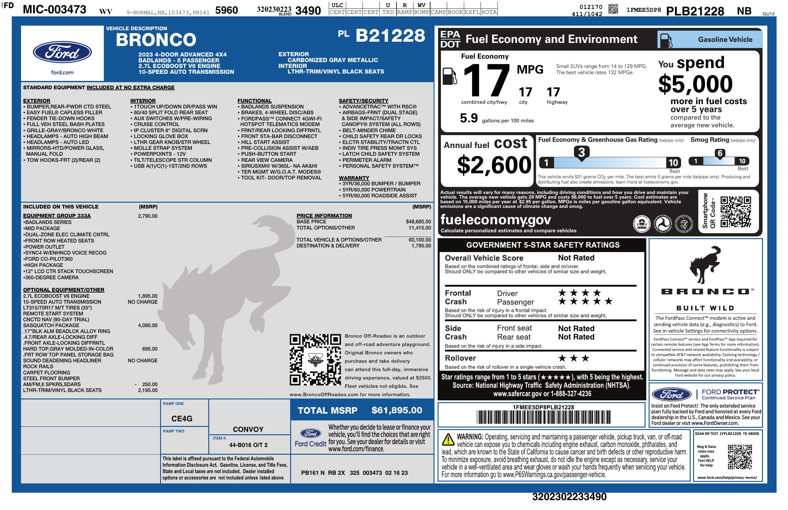 Window Sticker for 2023 Ford Bronco 4 Door Advanced 4x4