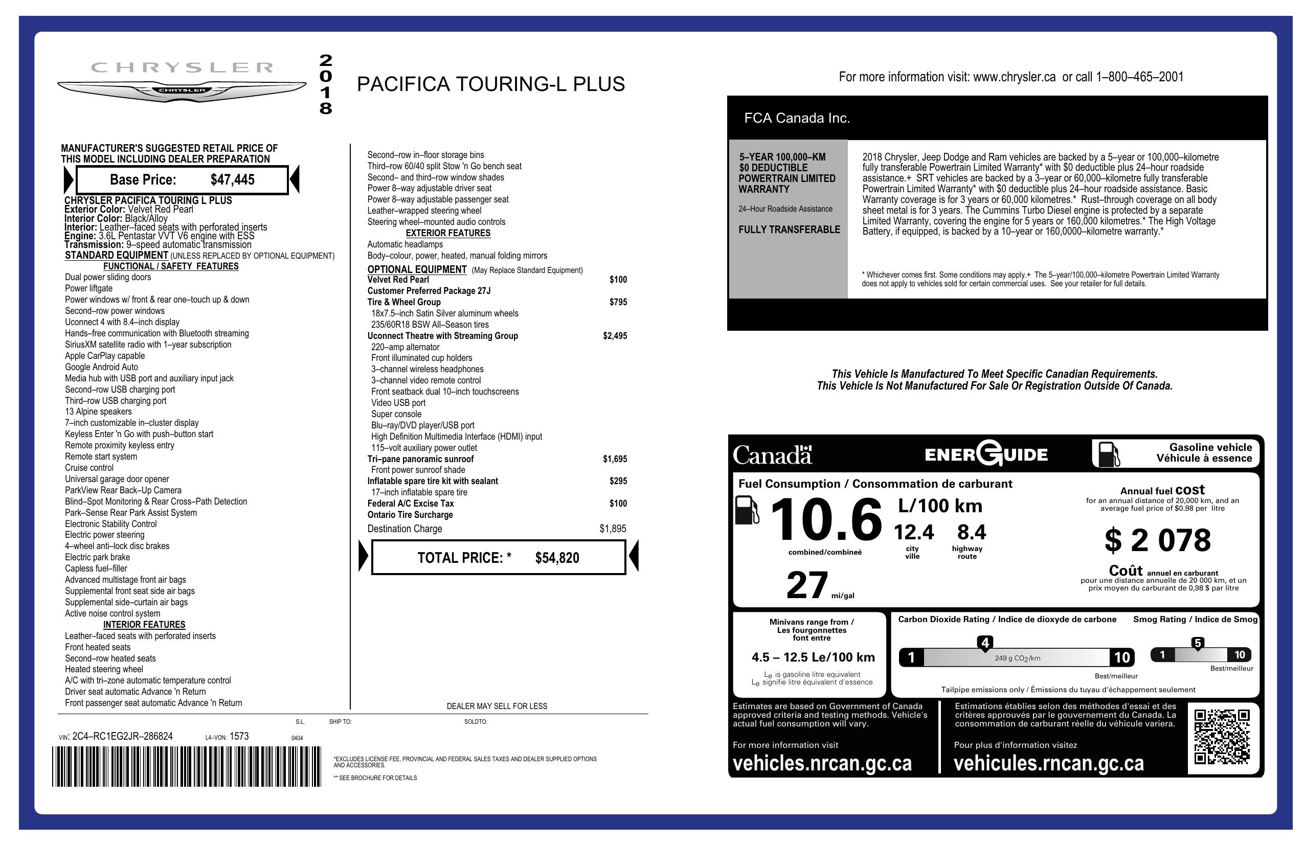 Window Sticker for 2018 Chrysler Pacifica Touring L Plus 2 Wd