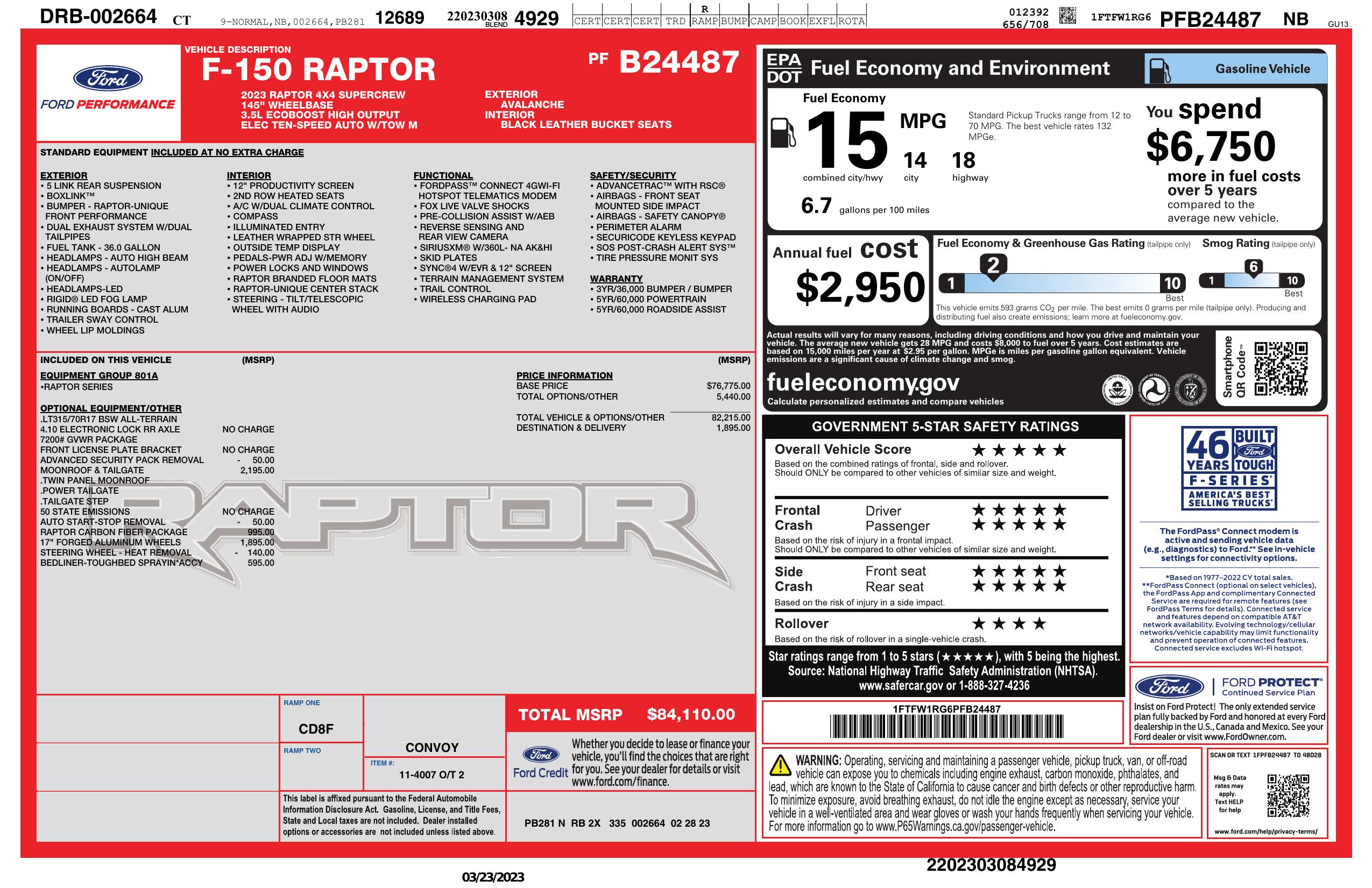 Window Sticker for 2023 Ford F 150 Raptor 4 Wd Super Crew 5.5' Box