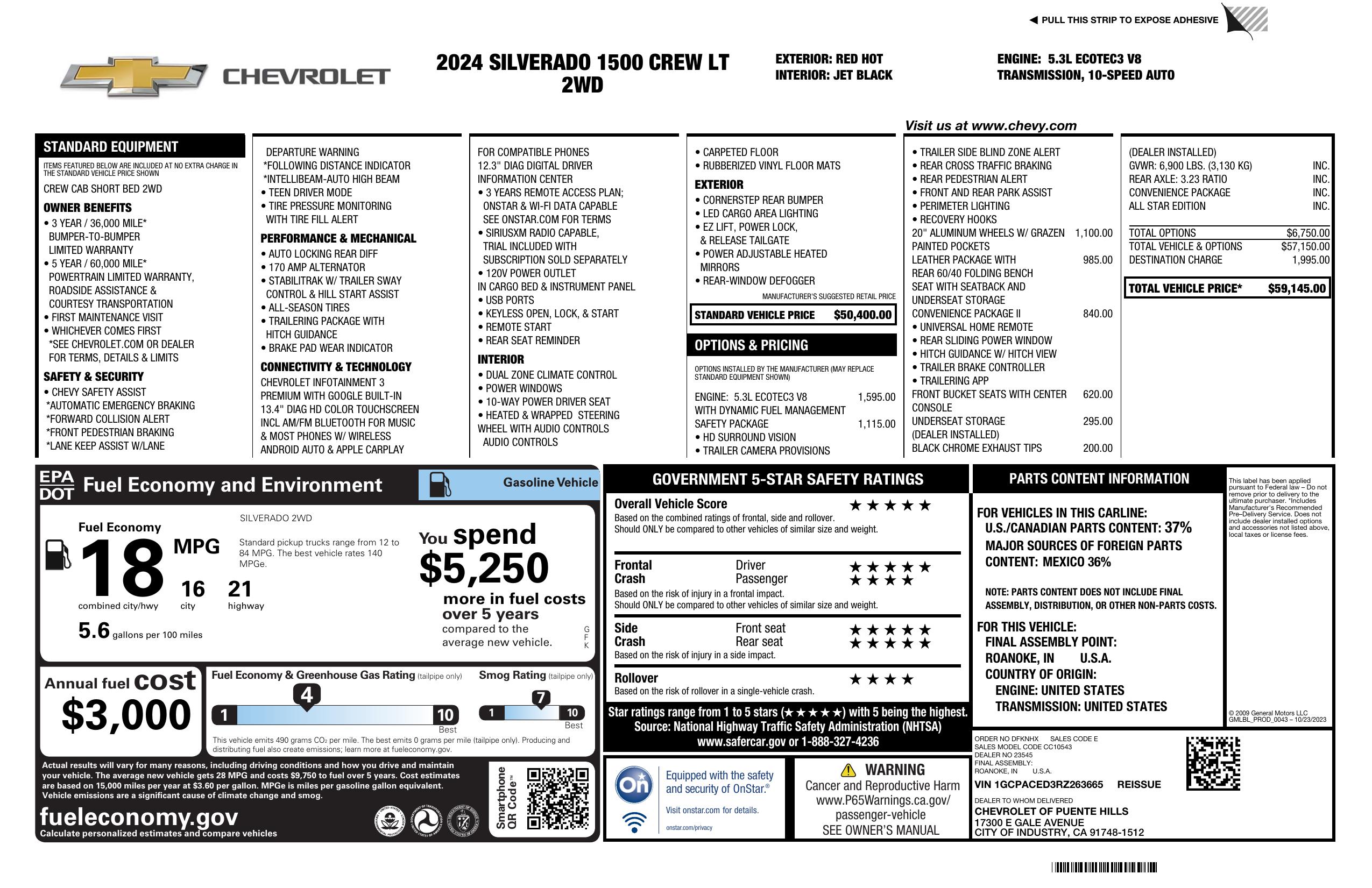Window Sticker for 2024 Chevrolet Silverado 1500 2 Wd Crew Cab 147" Lt
