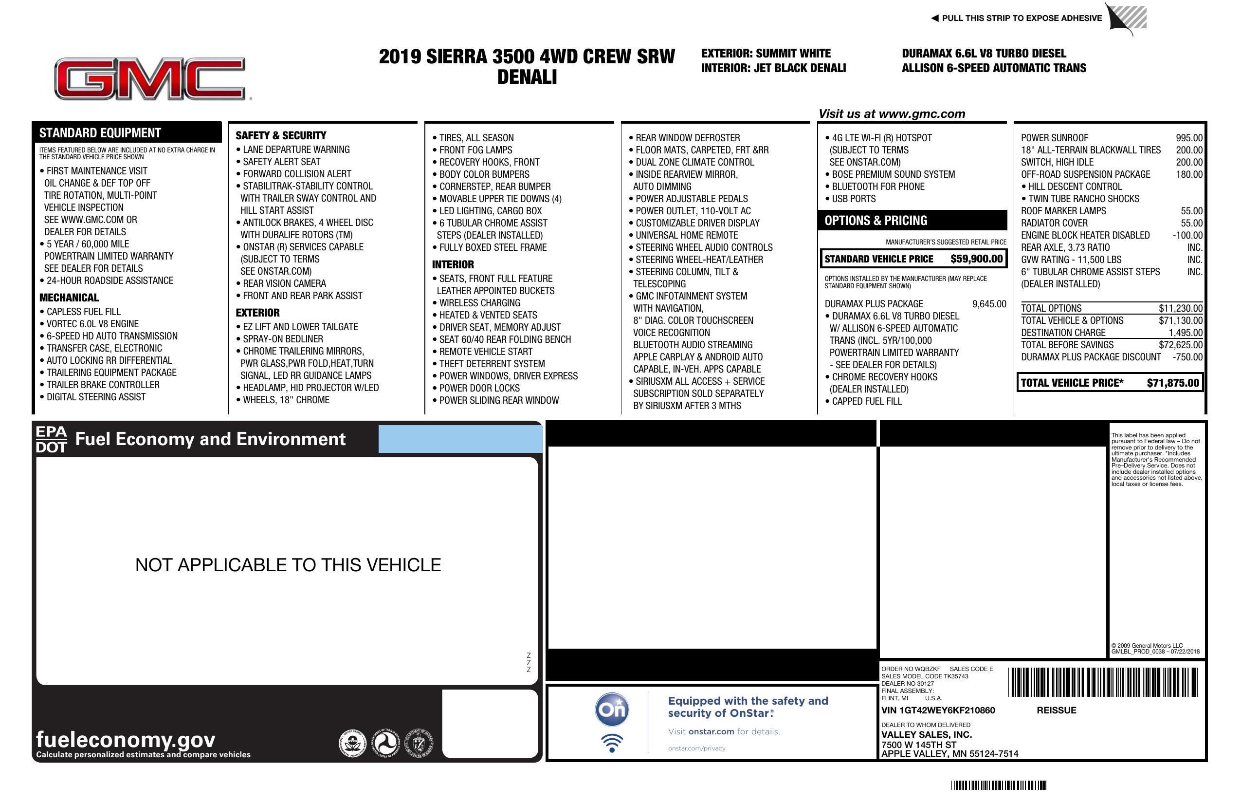 Window Sticker for 2019 GMC Sierra 3500 Hd 4 Wd Crew Cab 153.7" Denali