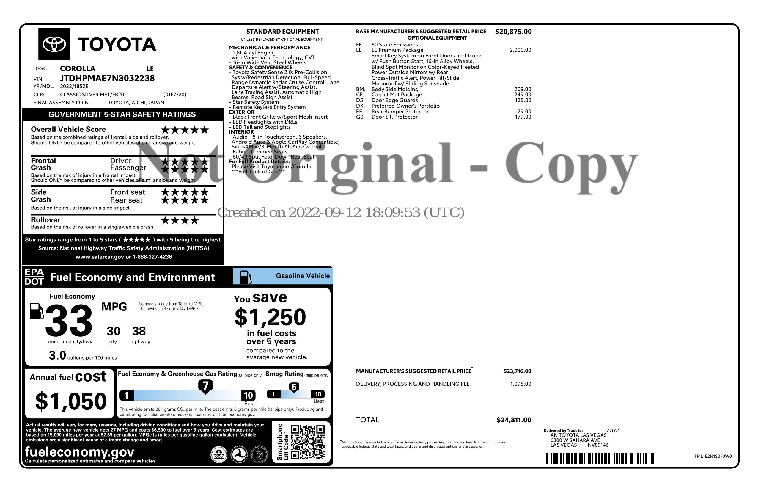 Window Sticker for 2022 Toyota Corolla Le Cvt (Natl)