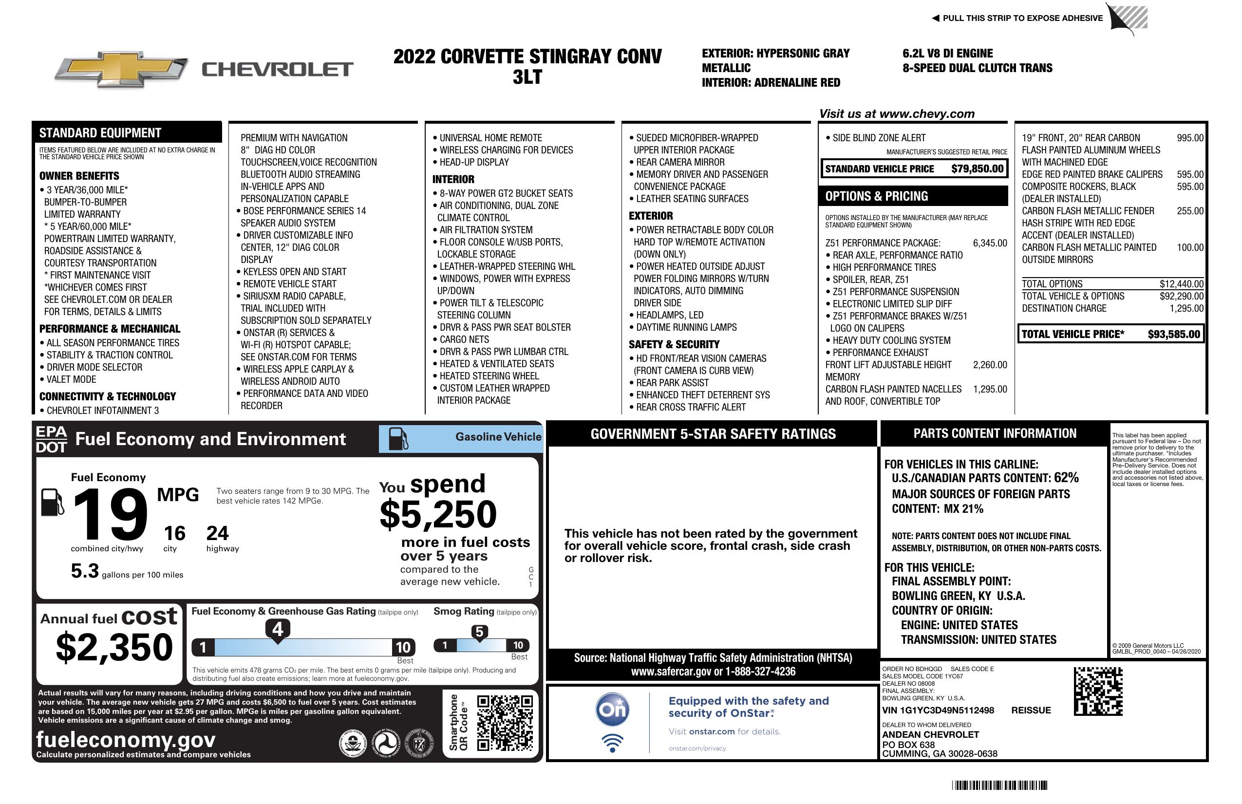 Window Sticker for 2022 Chevrolet Corvette 2dr Stingray Conv W/3 Lt