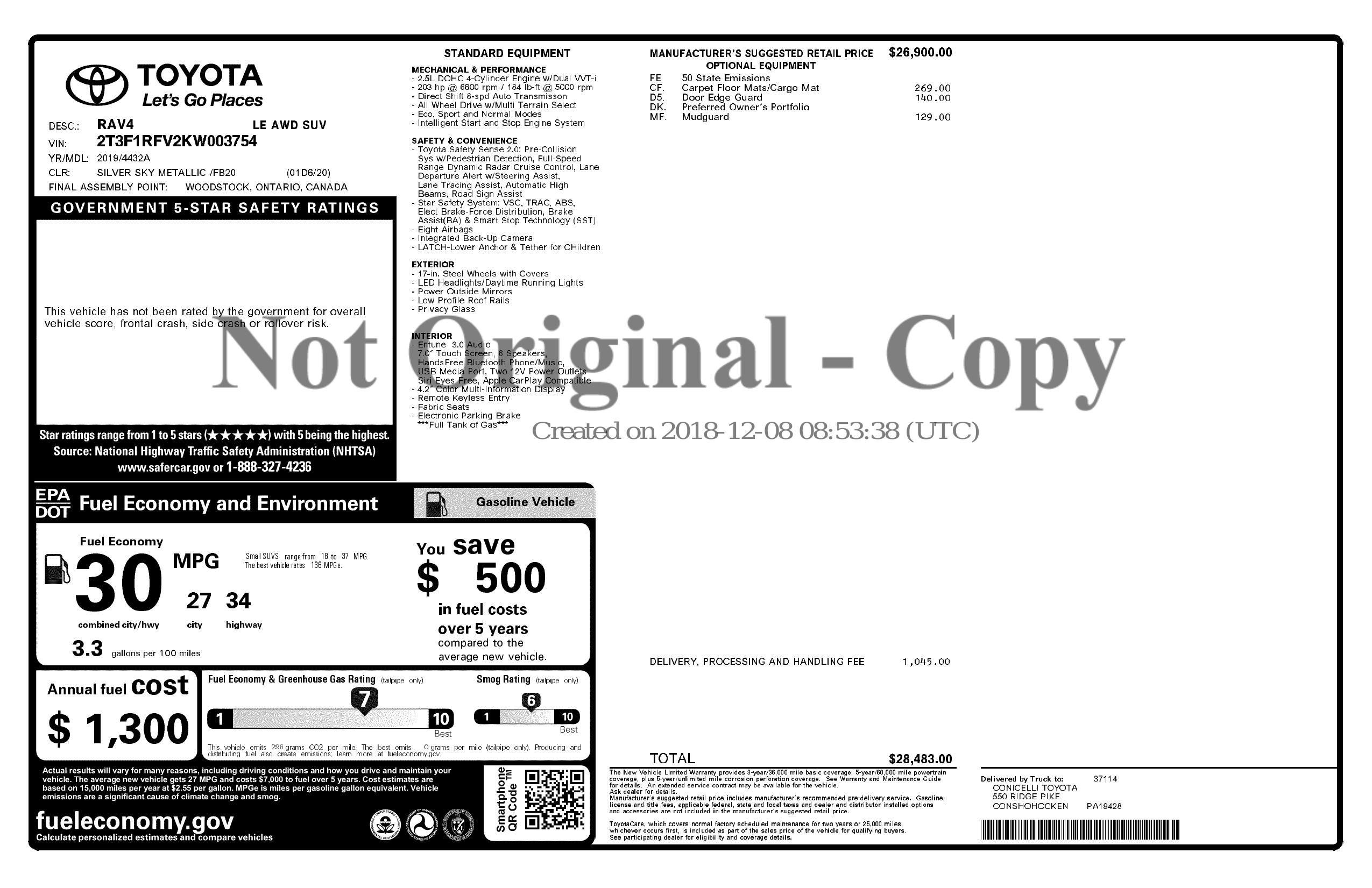 Window Sticker for 2019 Toyota Rav4 Le Awd (Natl)