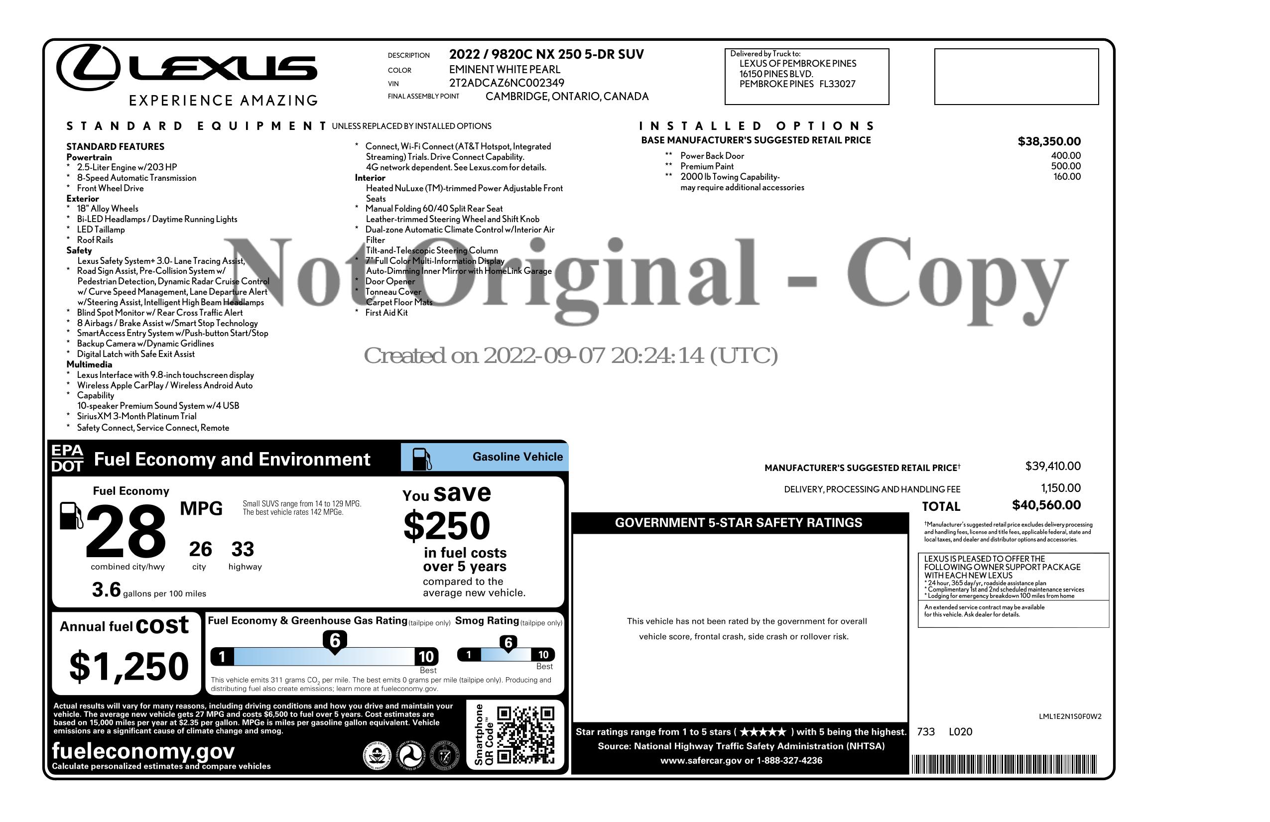 Window Sticker for 2022 Lexus Nx Nx 250 Fwd