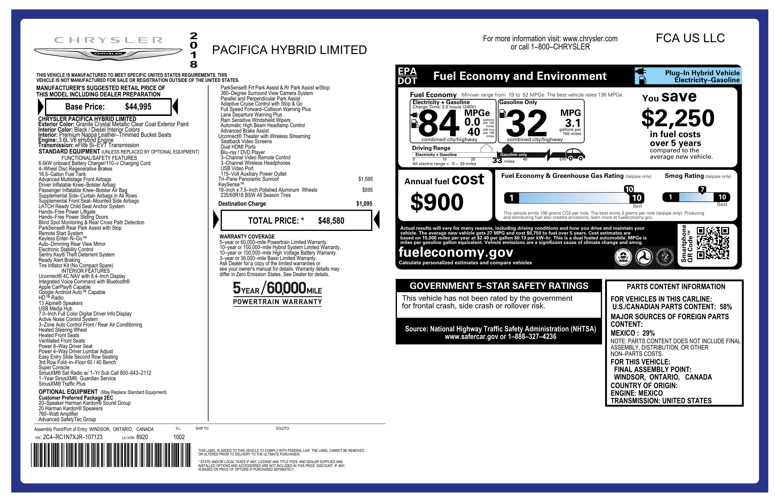 Window Sticker for 2018 Chrysler Pacifica Hybrid Limited Fwd