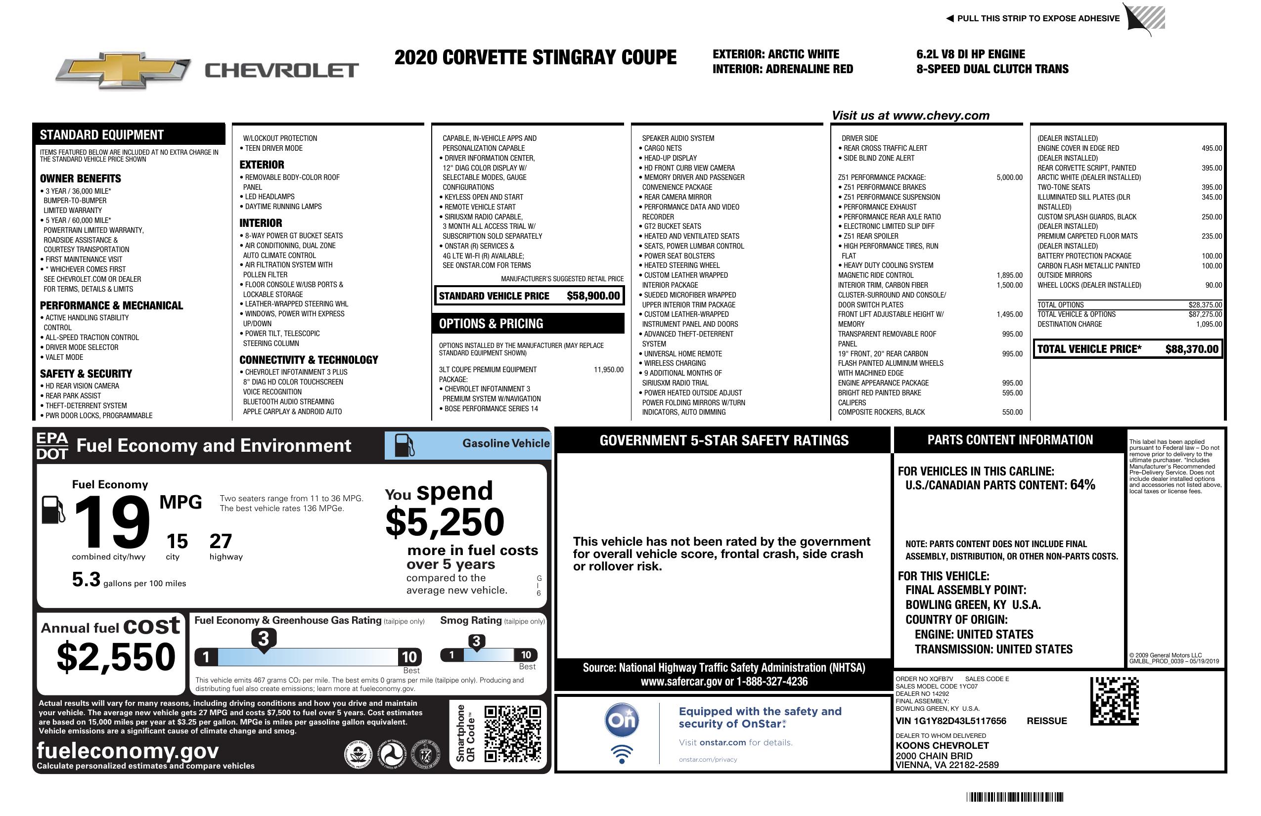 Window Sticker for 2020 Chevrolet Corvette 2dr Stingray Cpe W/3 Lt