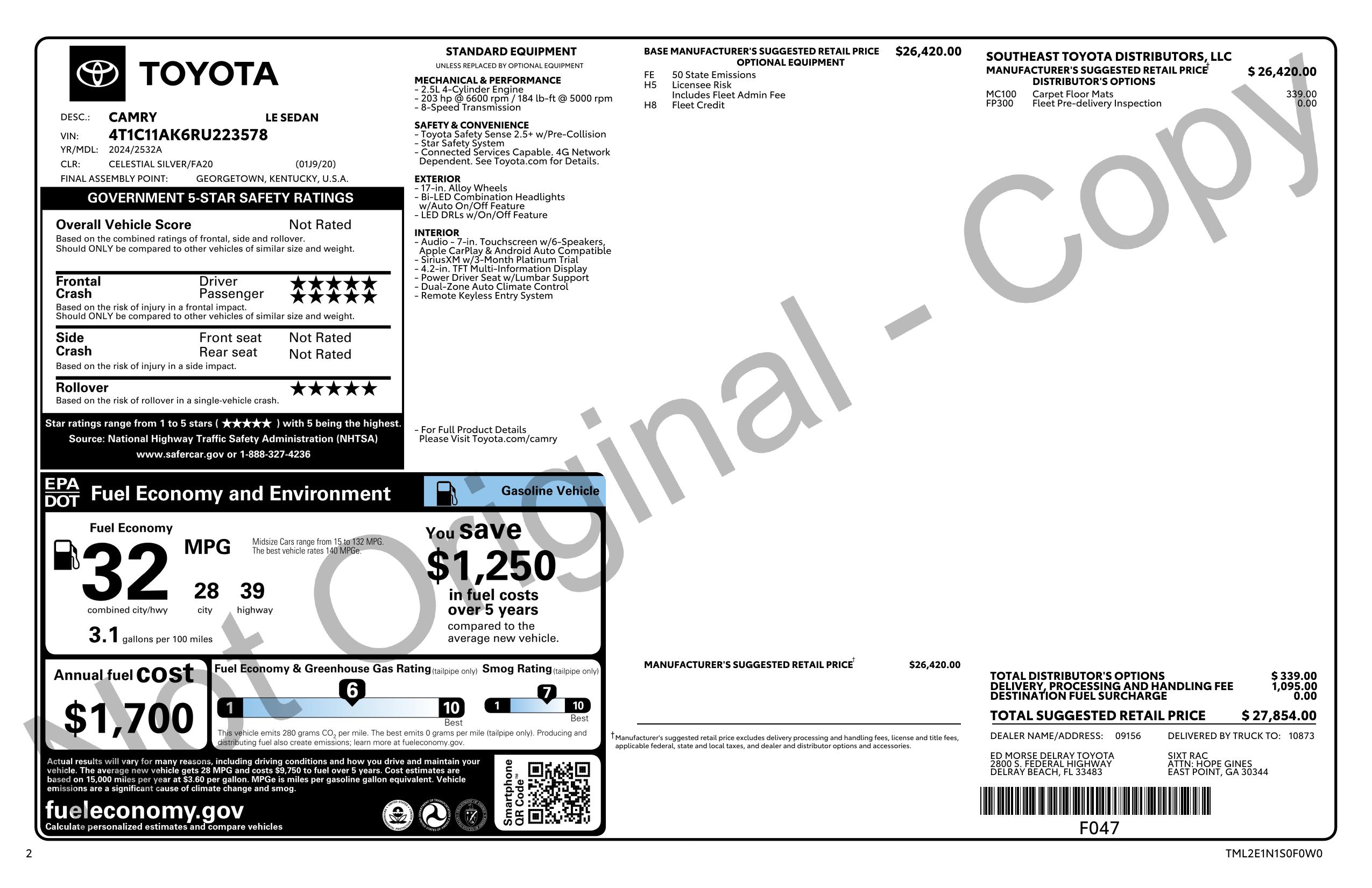 Window Sticker for 2024 Toyota Camry Le