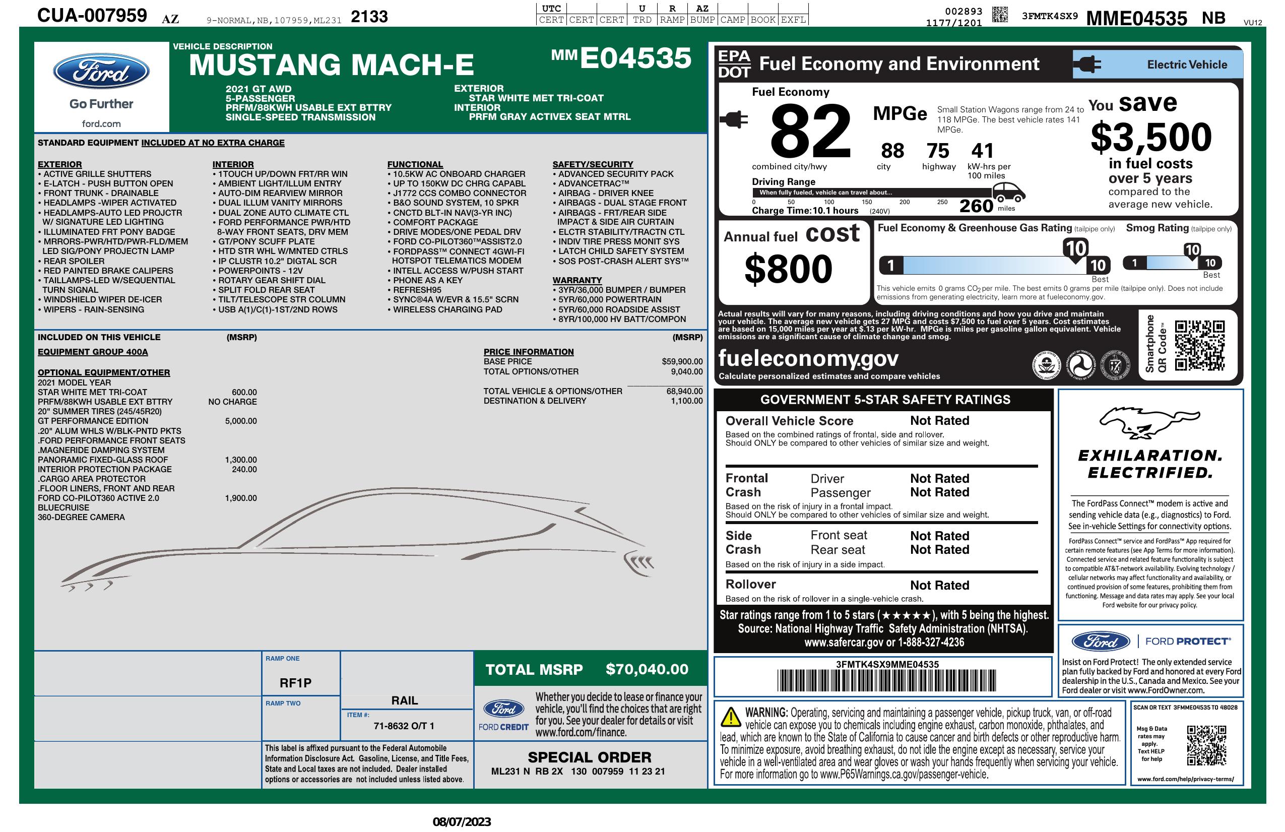 Window Sticker for 2021 Ford Mustang Mach E Gt Awd