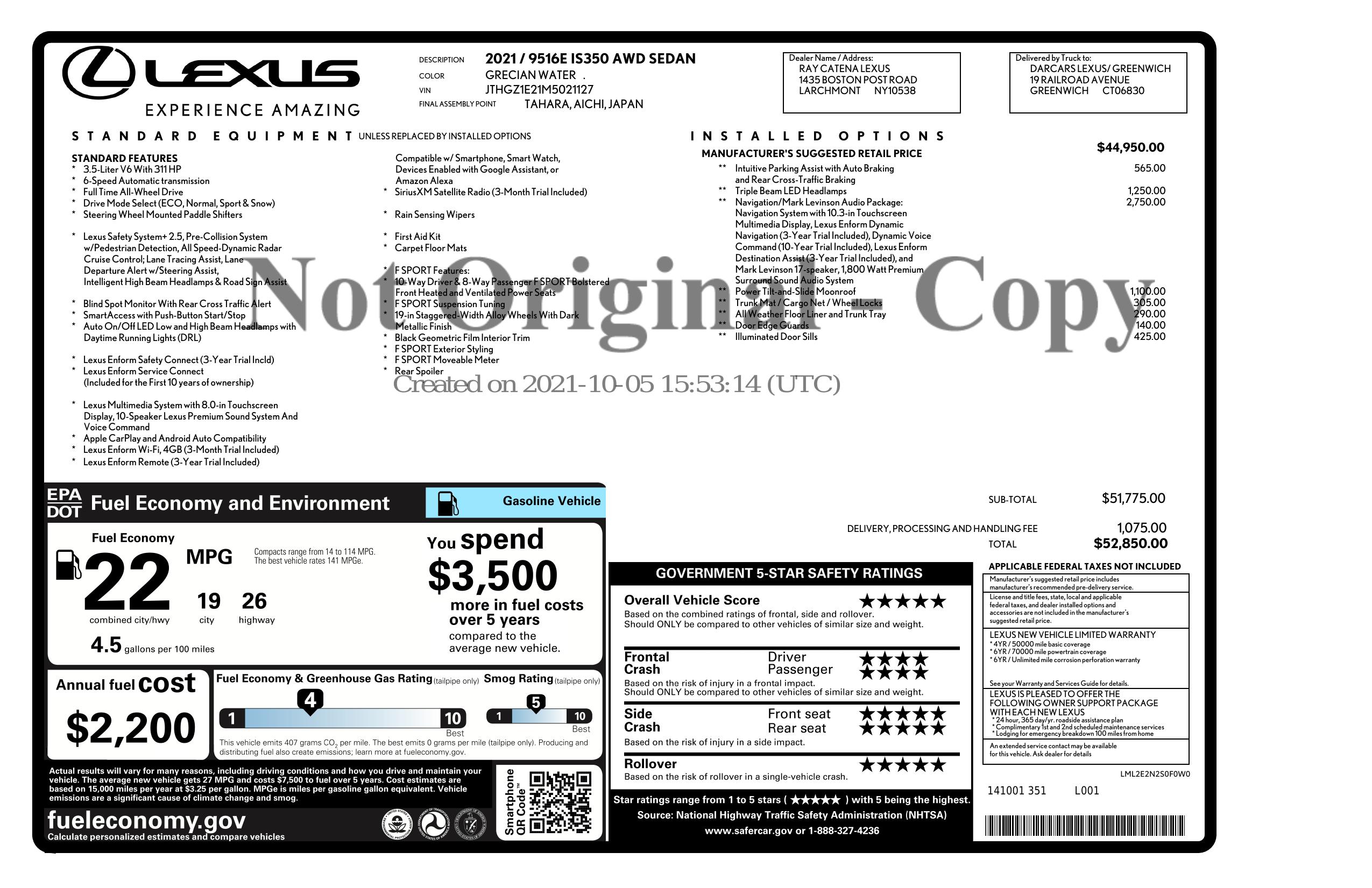 Window Sticker for 2021 Lexus Is Is 350 F Sport Awd