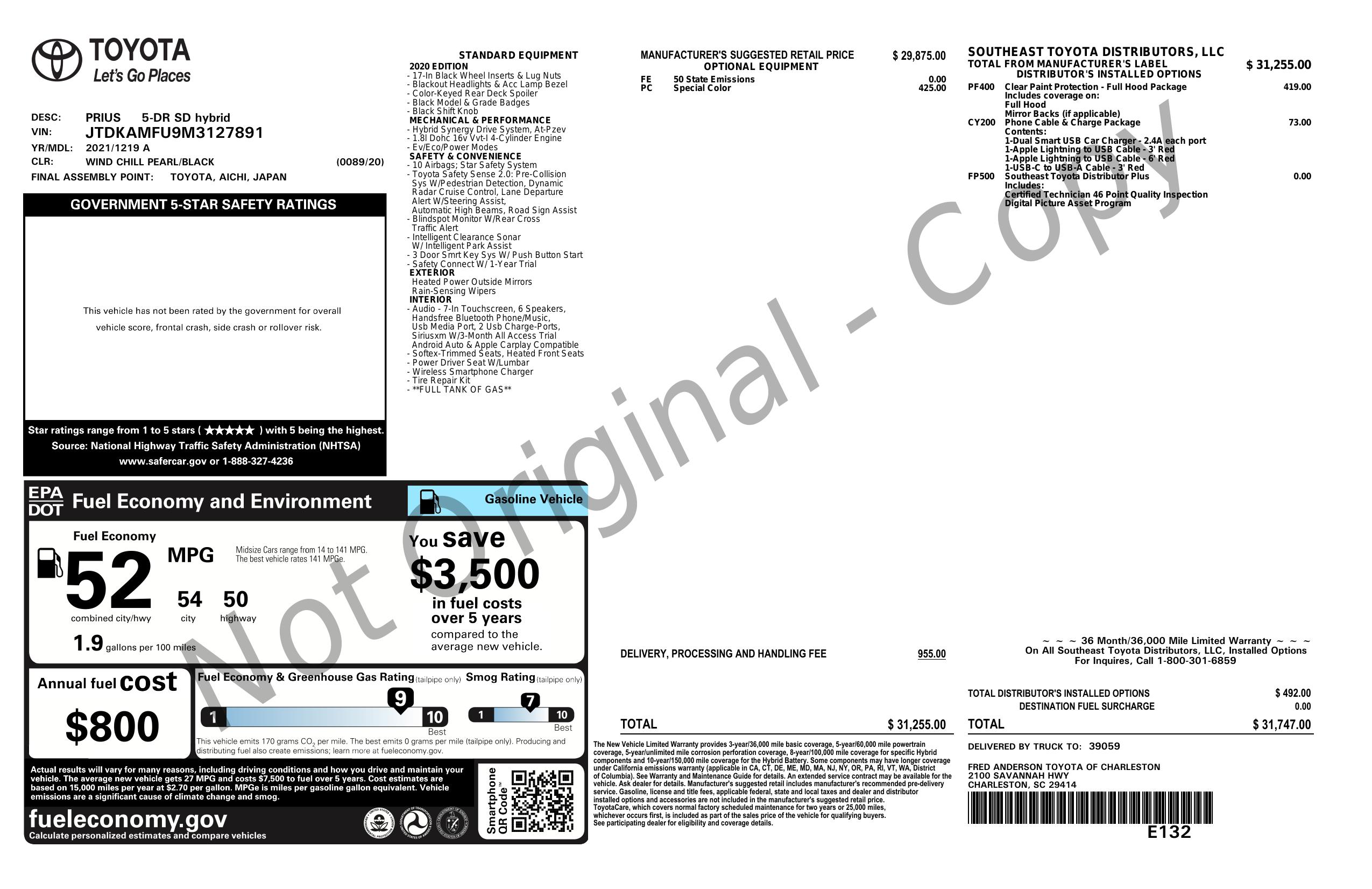 Window Sticker for 2021 Toyota Prius (Natl)