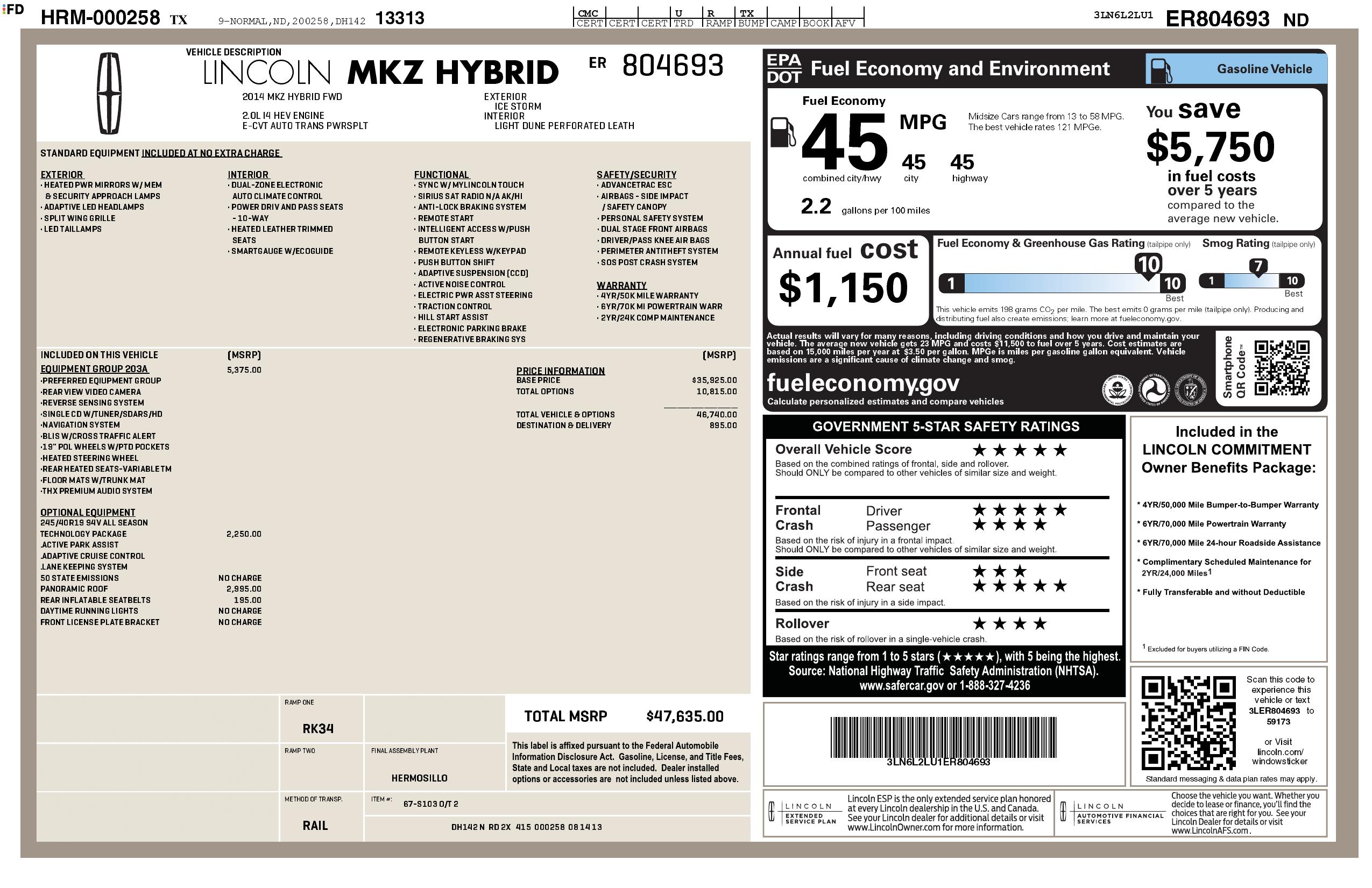 Window Sticker for 2014 Lincoln Mkz 4dr Sdn Hybrid Fwd