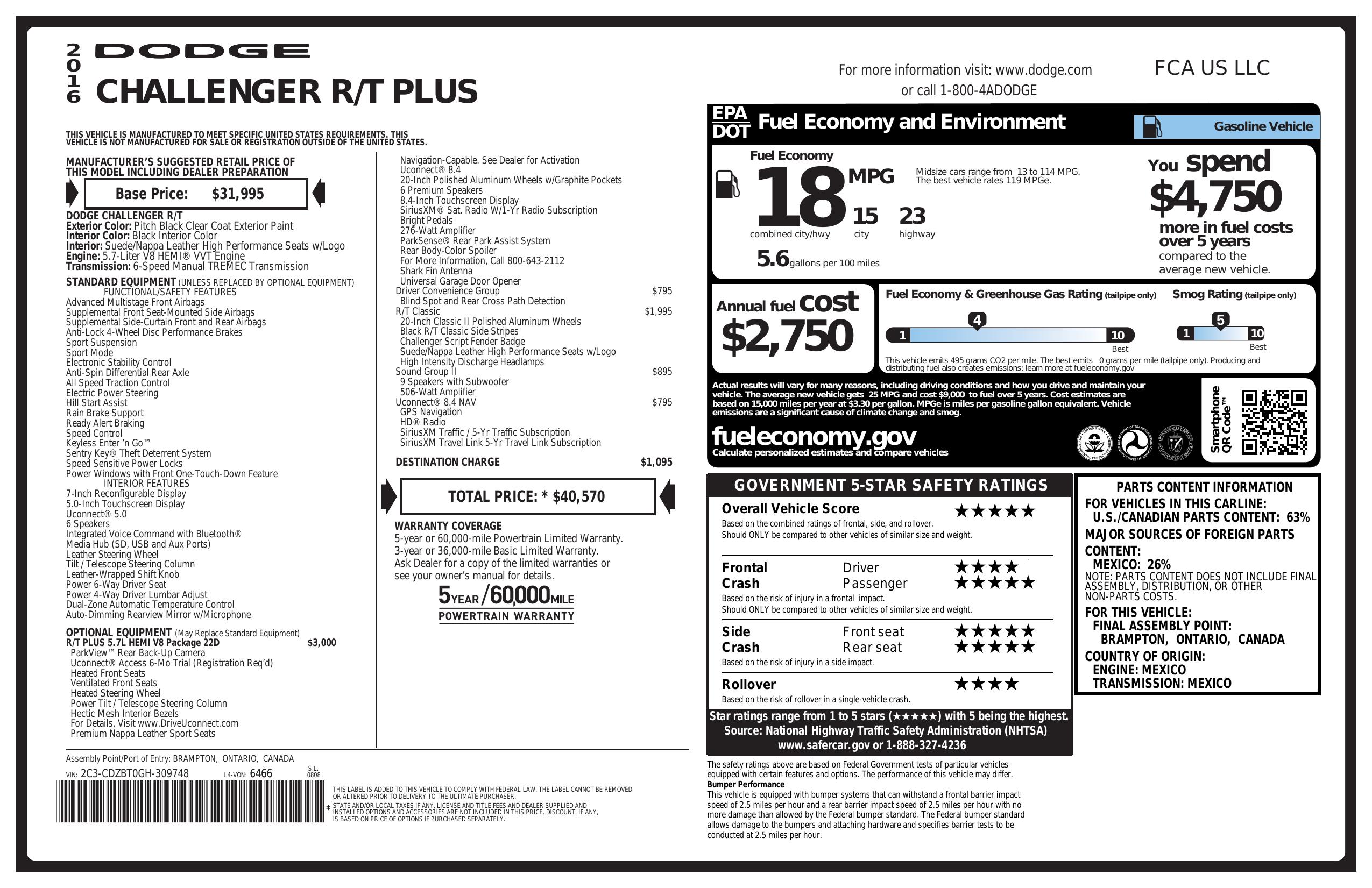 Window Sticker for 2016 Dodge Challenger 2dr Cpe R/T Plus