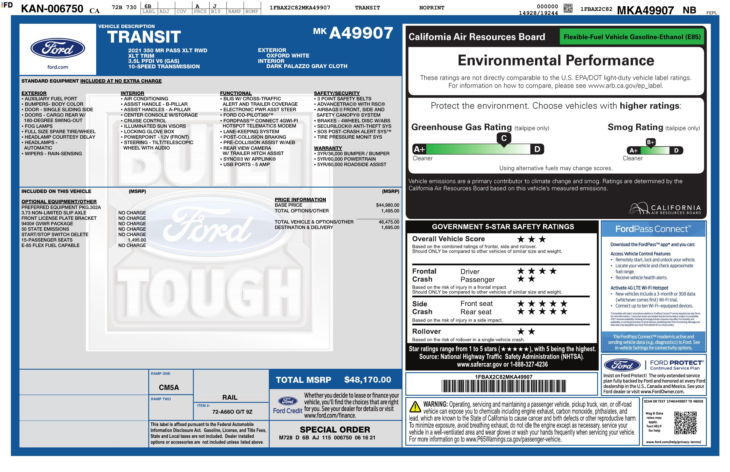 Window Sticker for 2021 Ford Transit Passenger Wagon T 350 148" Med ...
