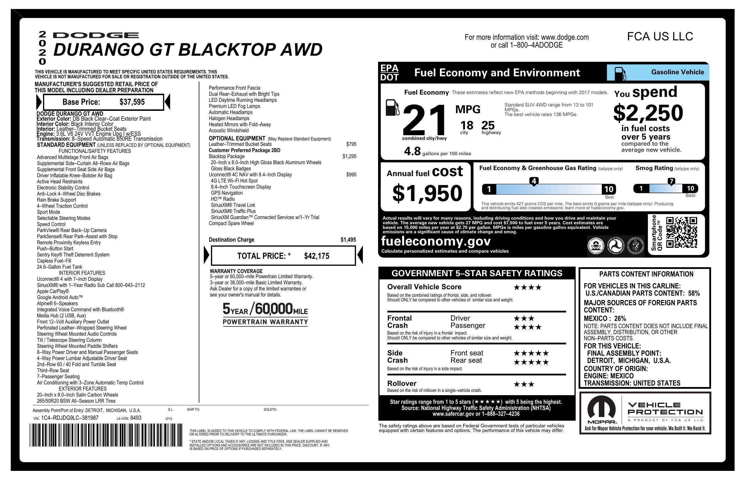 Window Sticker for 2020 Dodge Durango Gt Awd