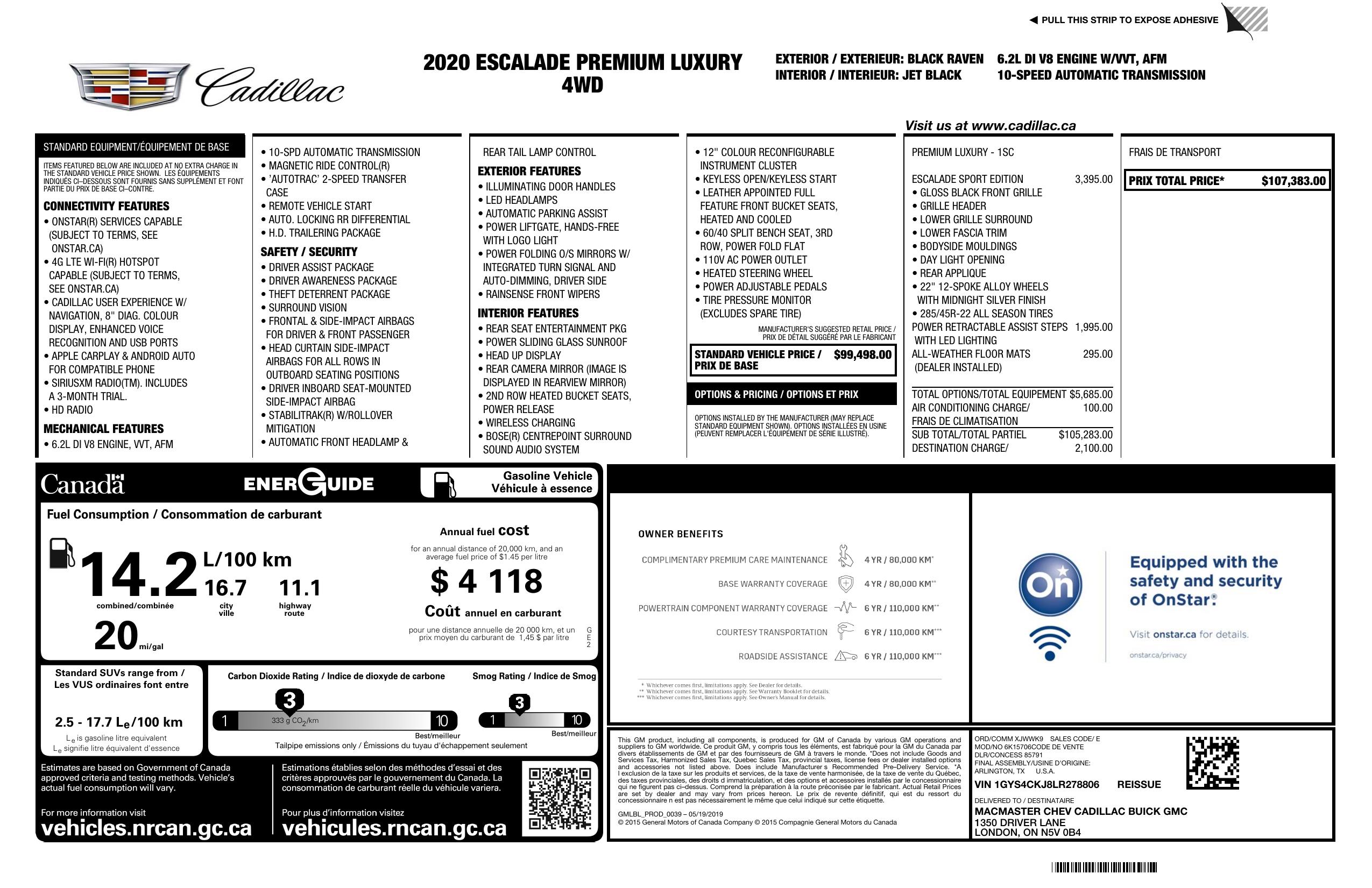 Window Sticker for 2020 Cadillac Escalade Premium Luxury