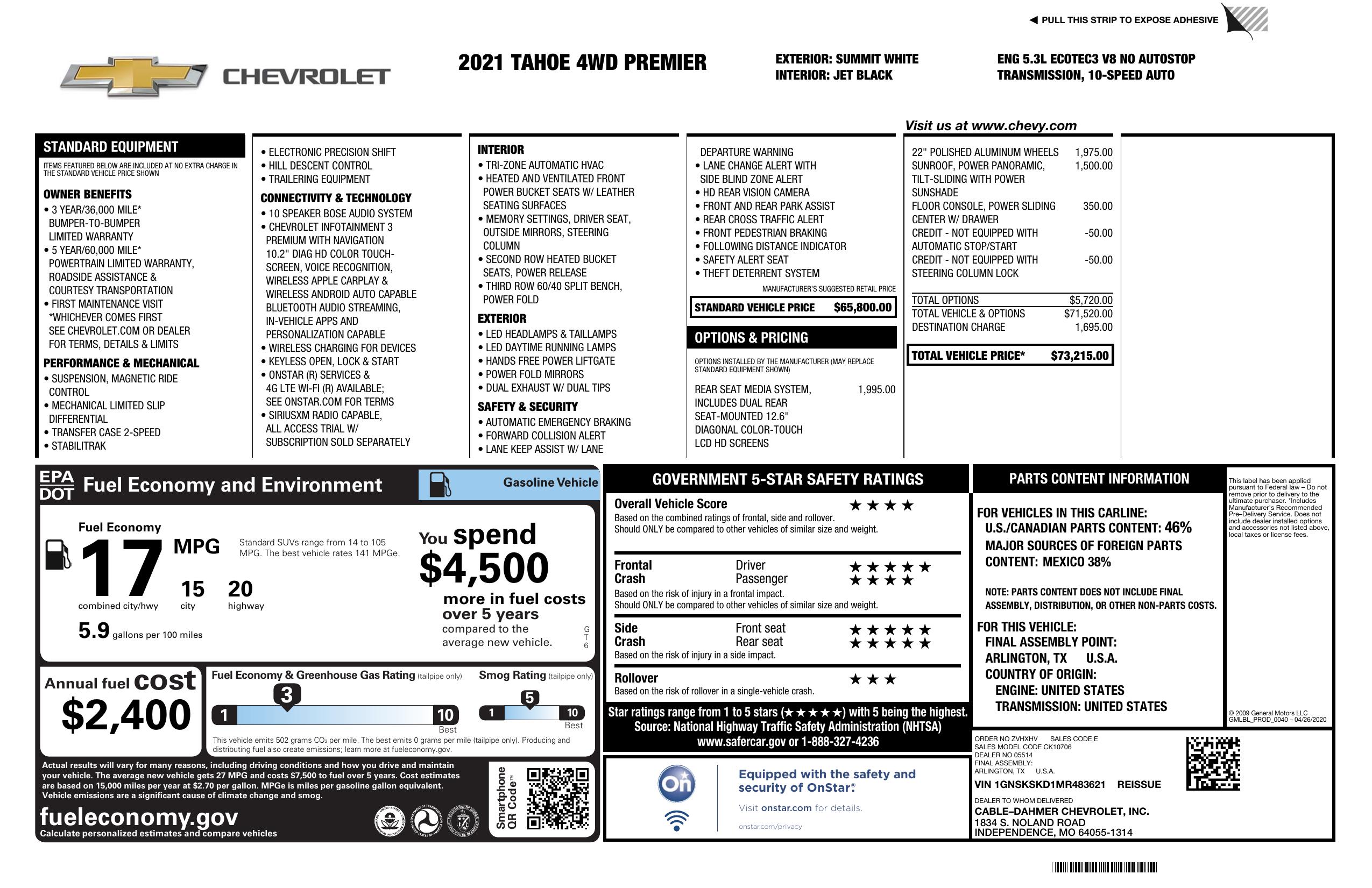 Window Sticker for 2021 Chevrolet Tahoe 4 Wd 4dr Premier