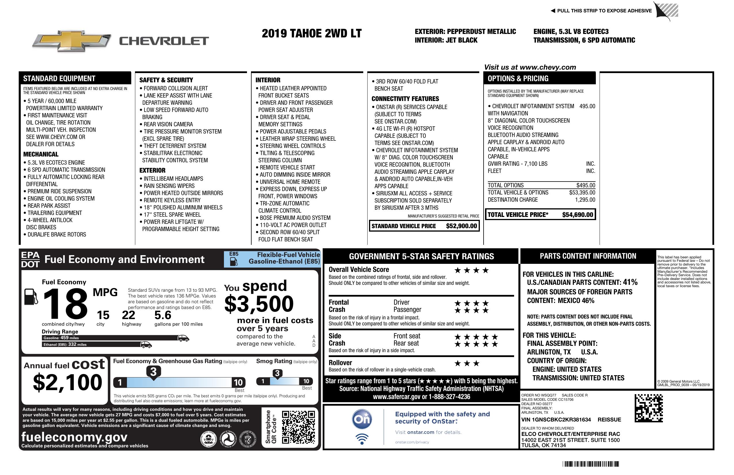 Window Sticker for 2019 Chevrolet Tahoe 2 Wd 4dr Lt