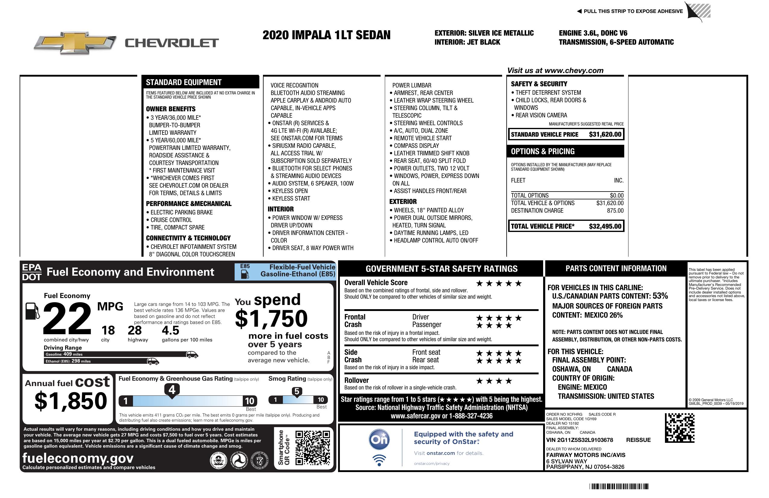 Window Sticker for 2020 Chevrolet Impala 4dr Sdn Lt W/1 Lt