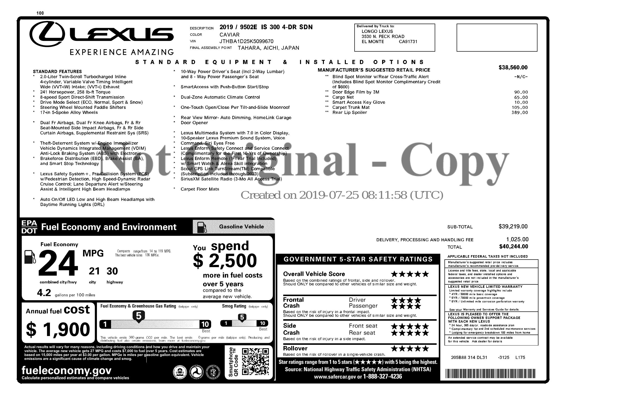 Window Sticker for 2019 Lexus Is 300 Rwd