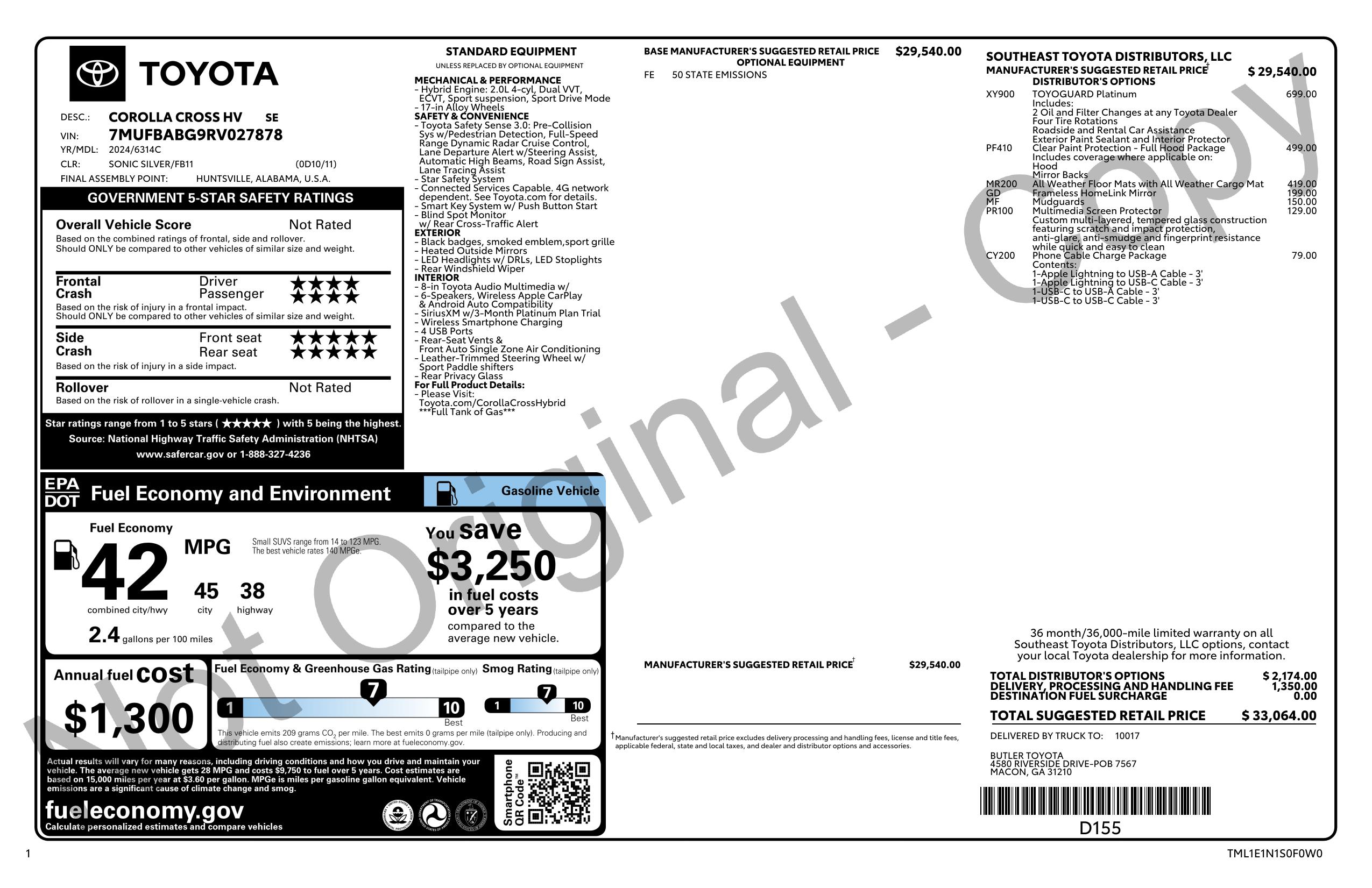 Window Sticker for 2024 Toyota Corolla Cross Hybrid 4 Wd (Natl)