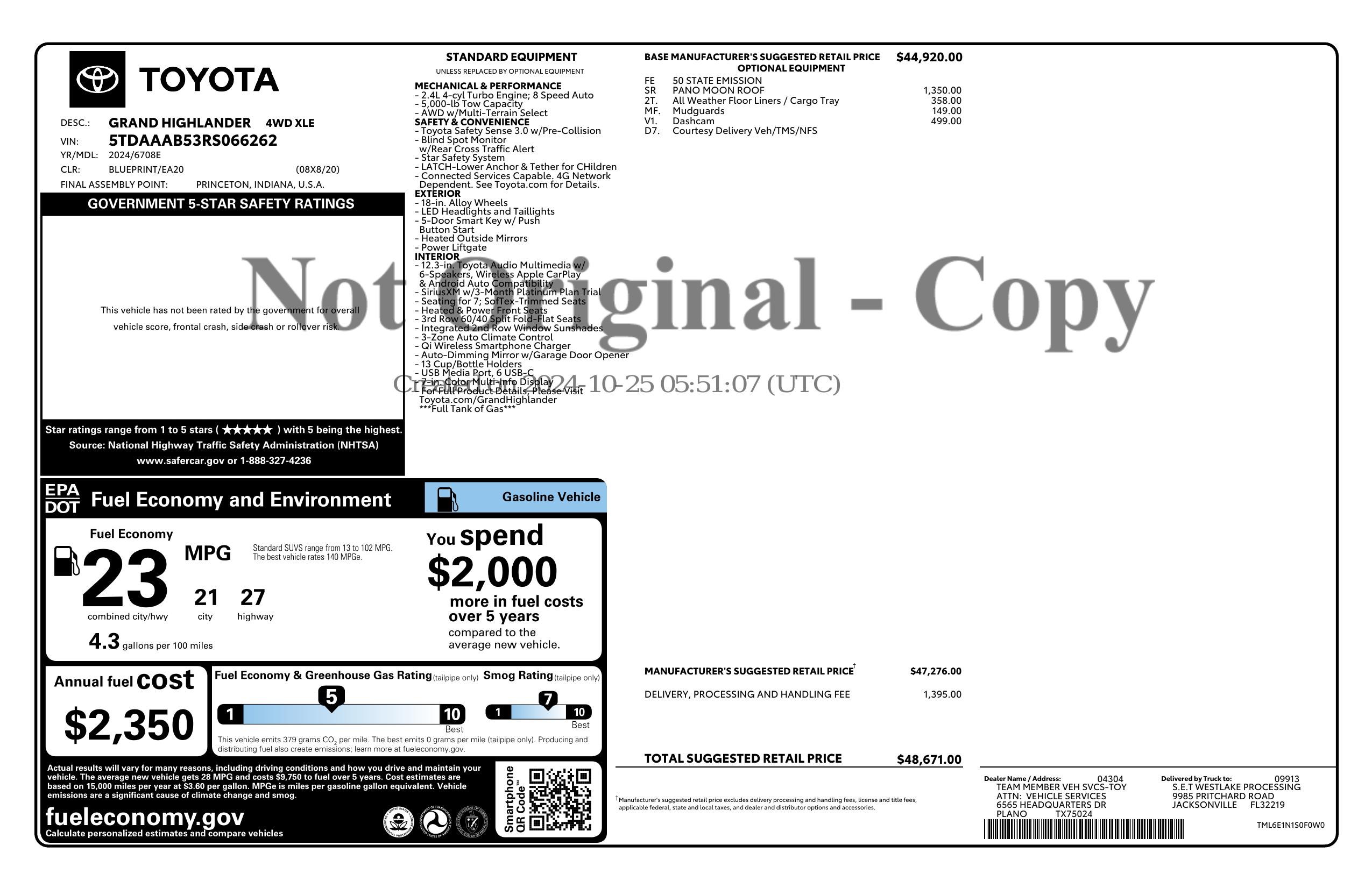 Window Sticker for 2024 Toyota Grand Highlander Awd (Natl)