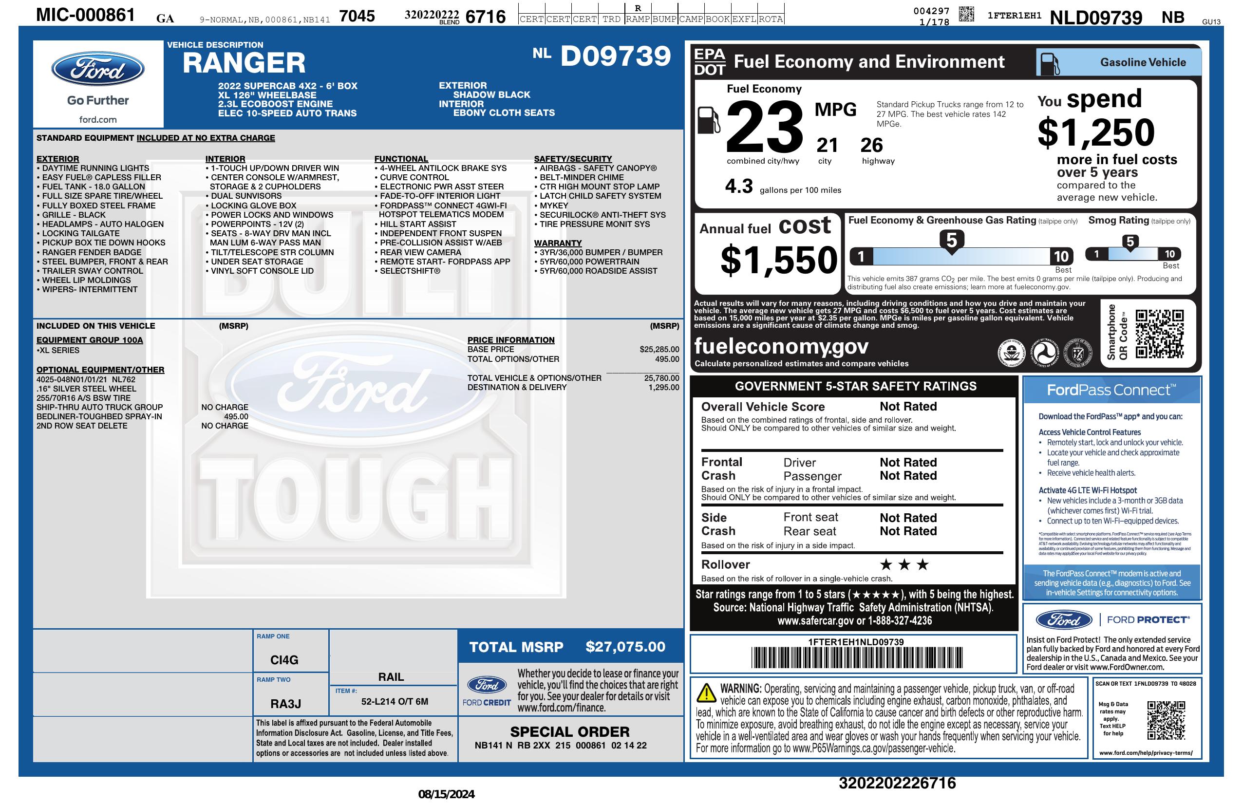 Window Sticker for 2022 Ford Ranger 2 Wd Super Cab 6' Box