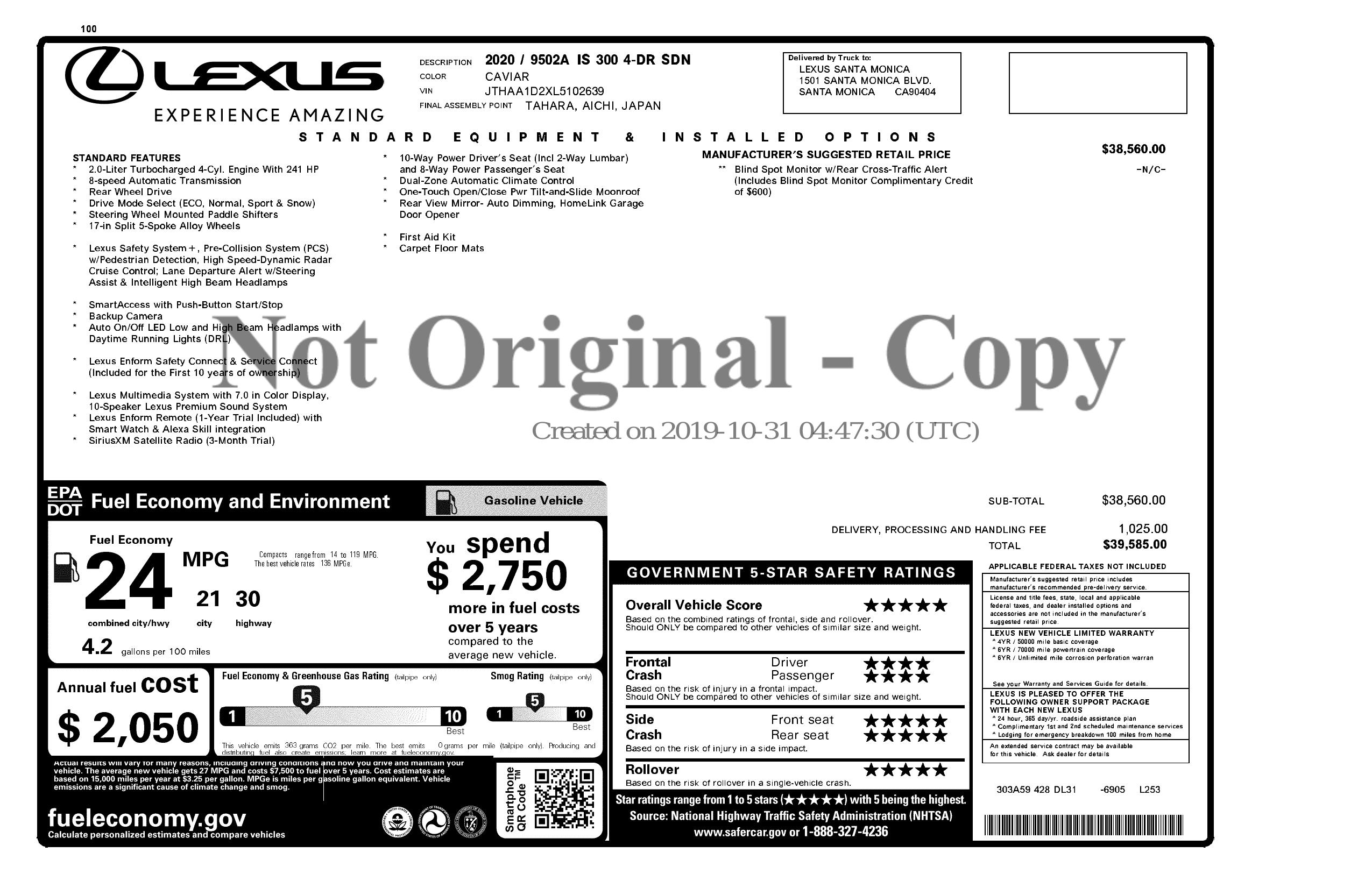 Window Sticker for 2020 Lexus Is Is 300 Rwd