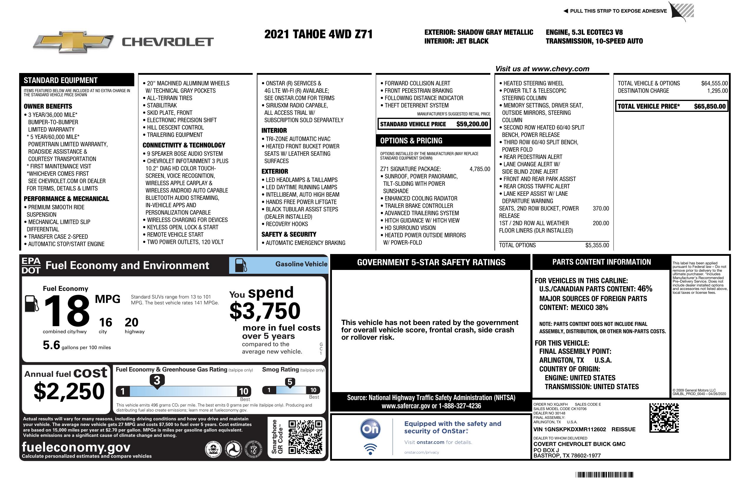Window Sticker for 2021 Chevrolet Tahoe 4 Wd 4dr Z71