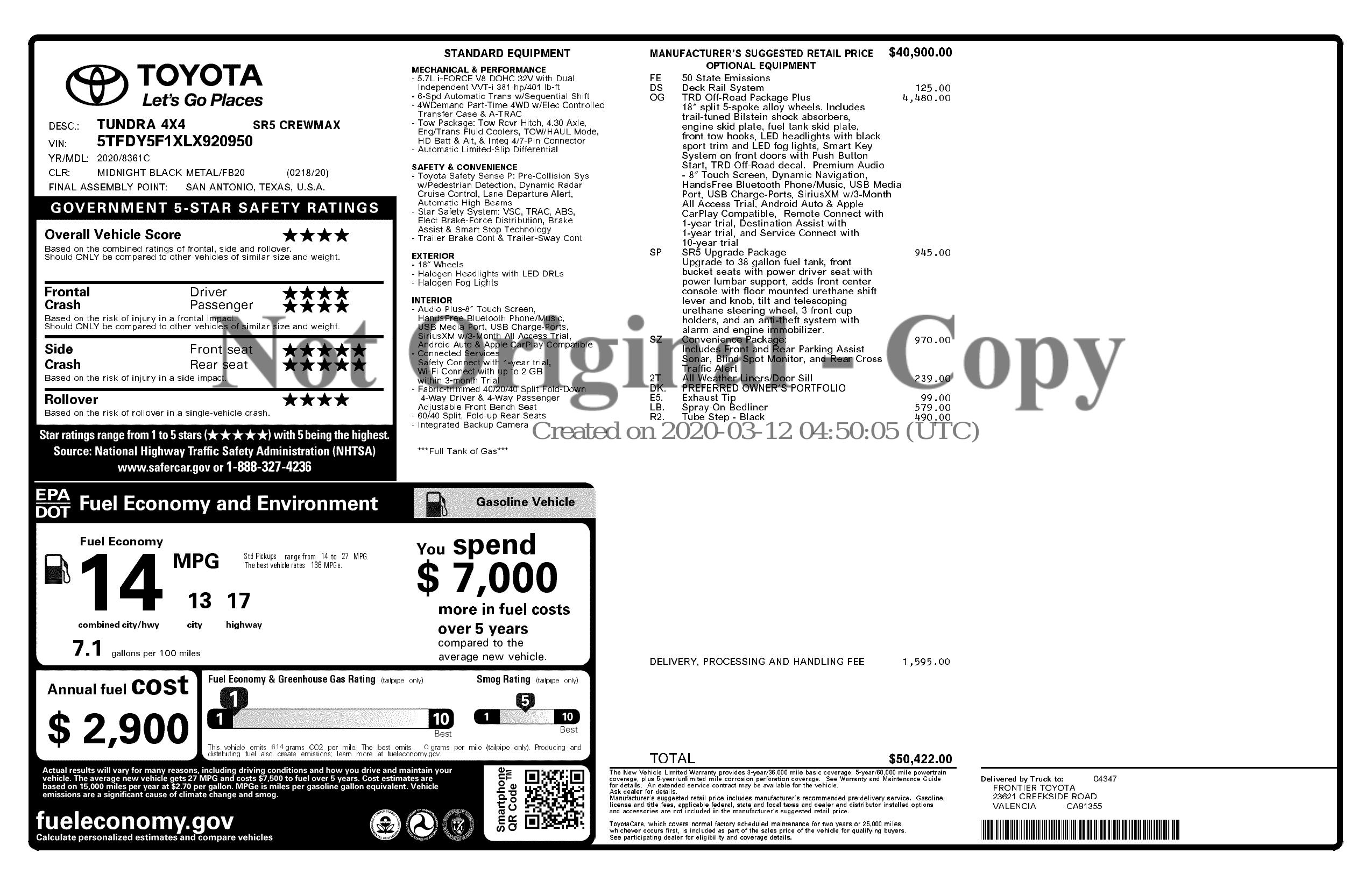 Window Sticker for 2020 Toyota Tundra 4 Wd Crew Max 5.5' Bed 5.7 L (Natl)