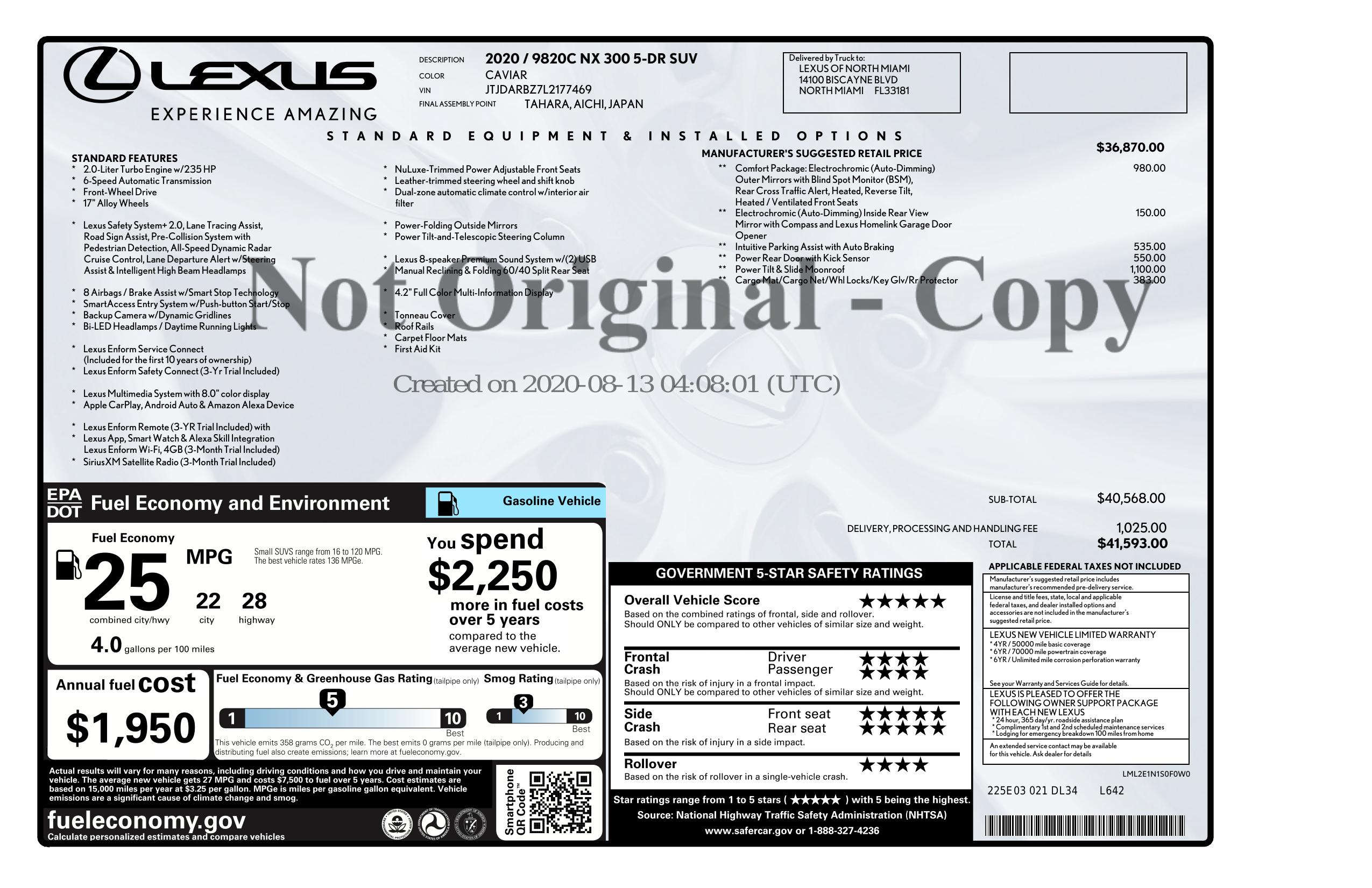 Window Sticker for 2020 Lexus Nx Nx 300 Fwd