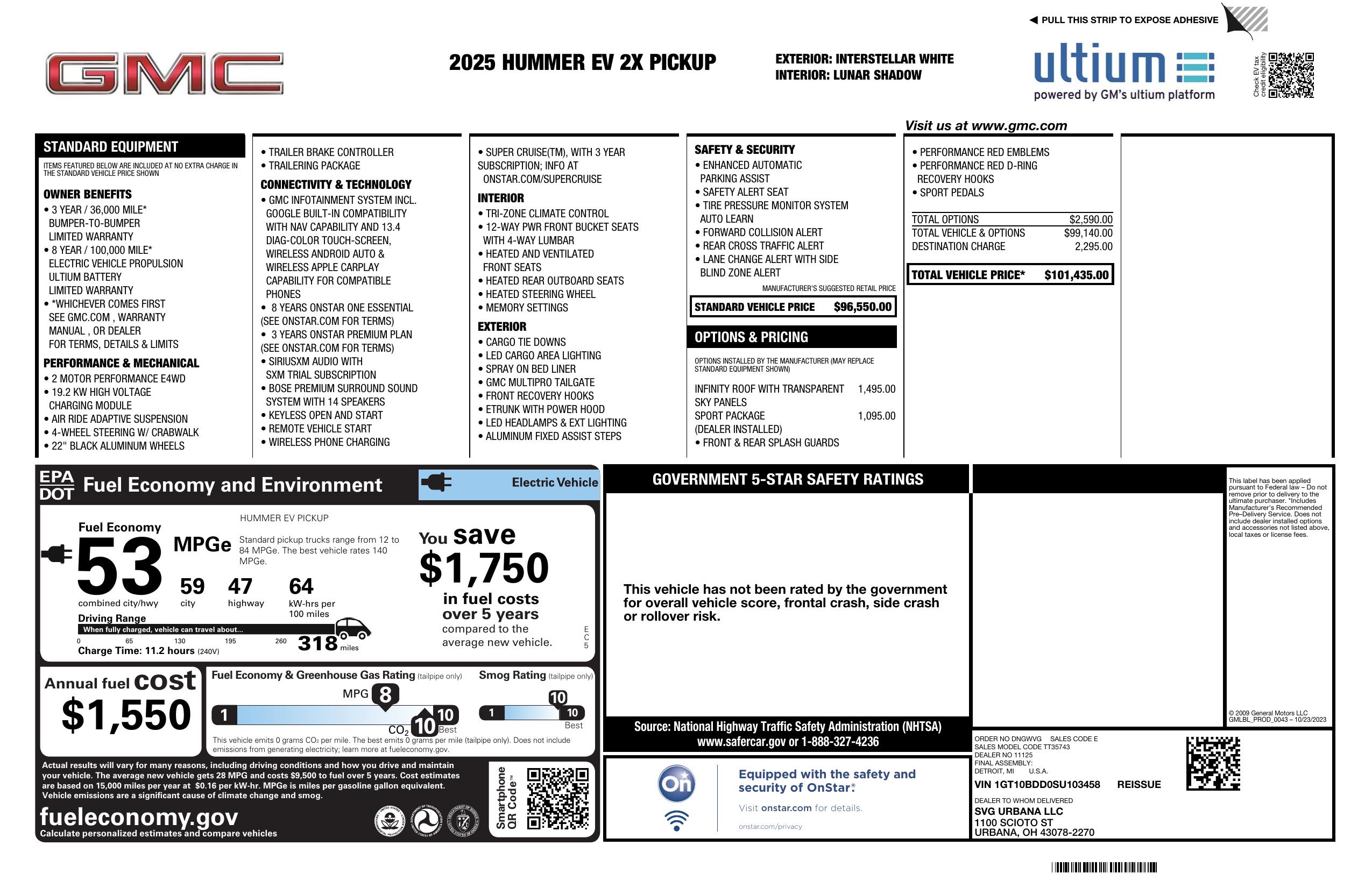 Window Sticker for 2025 GMC Hummer Ev Pickup E4 Wd Crew Cab 2 X